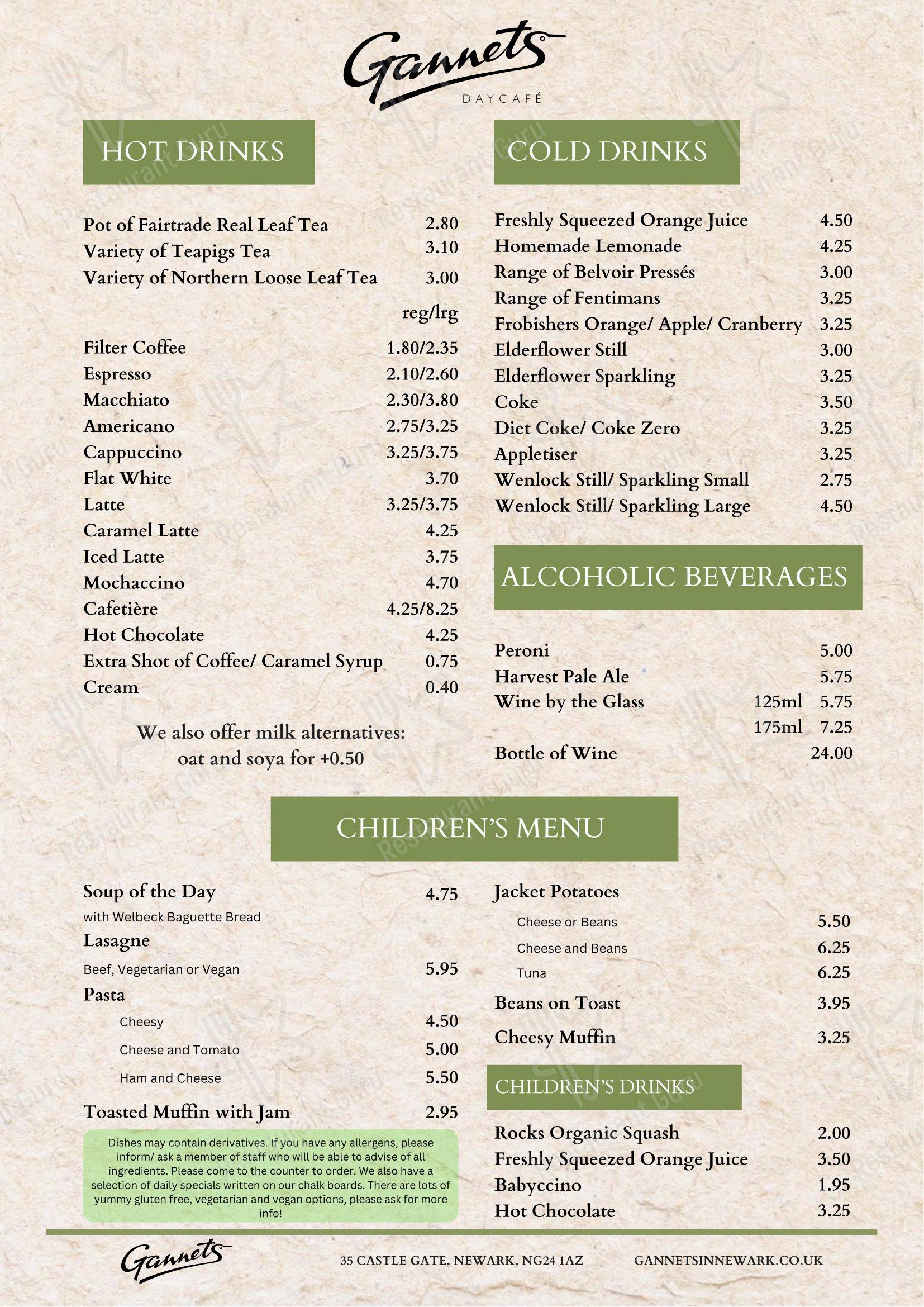 Menu at Gannets cafe, Newark-on-Trent