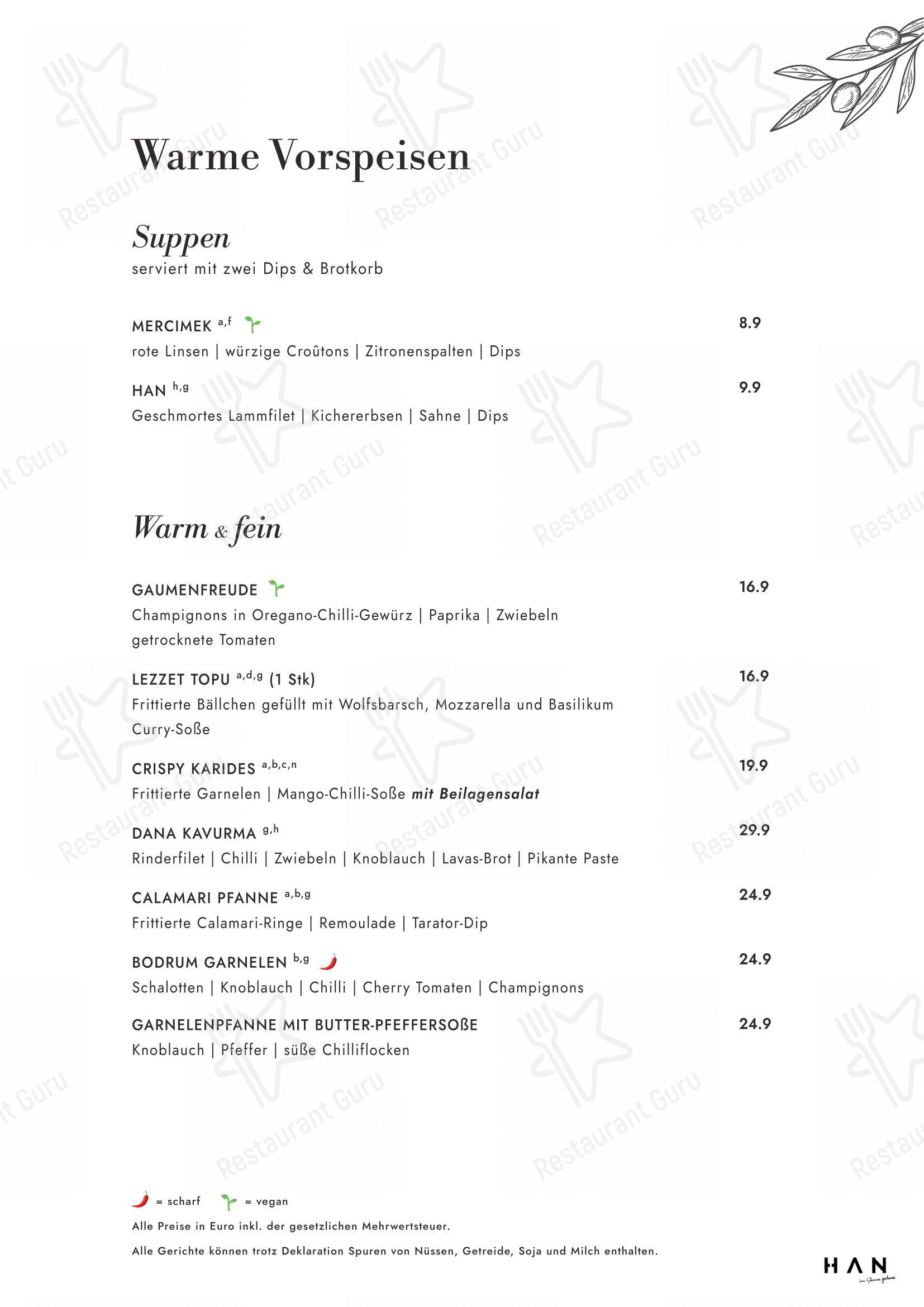 Speisekarte von HAN Restaurant, Café & Bar, München