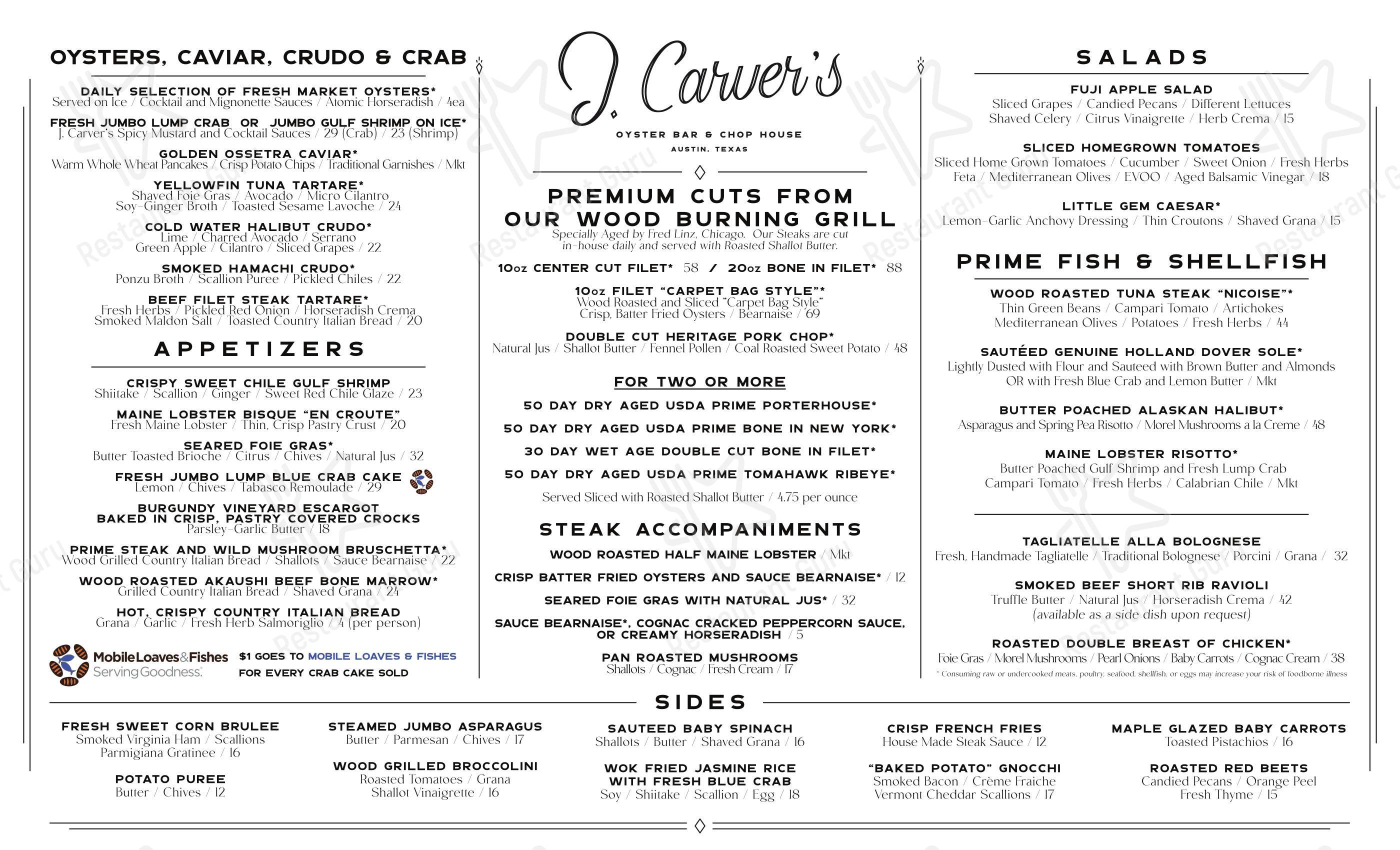 Menu at J Carver’s Oyster Bar & Chophouse, Austin