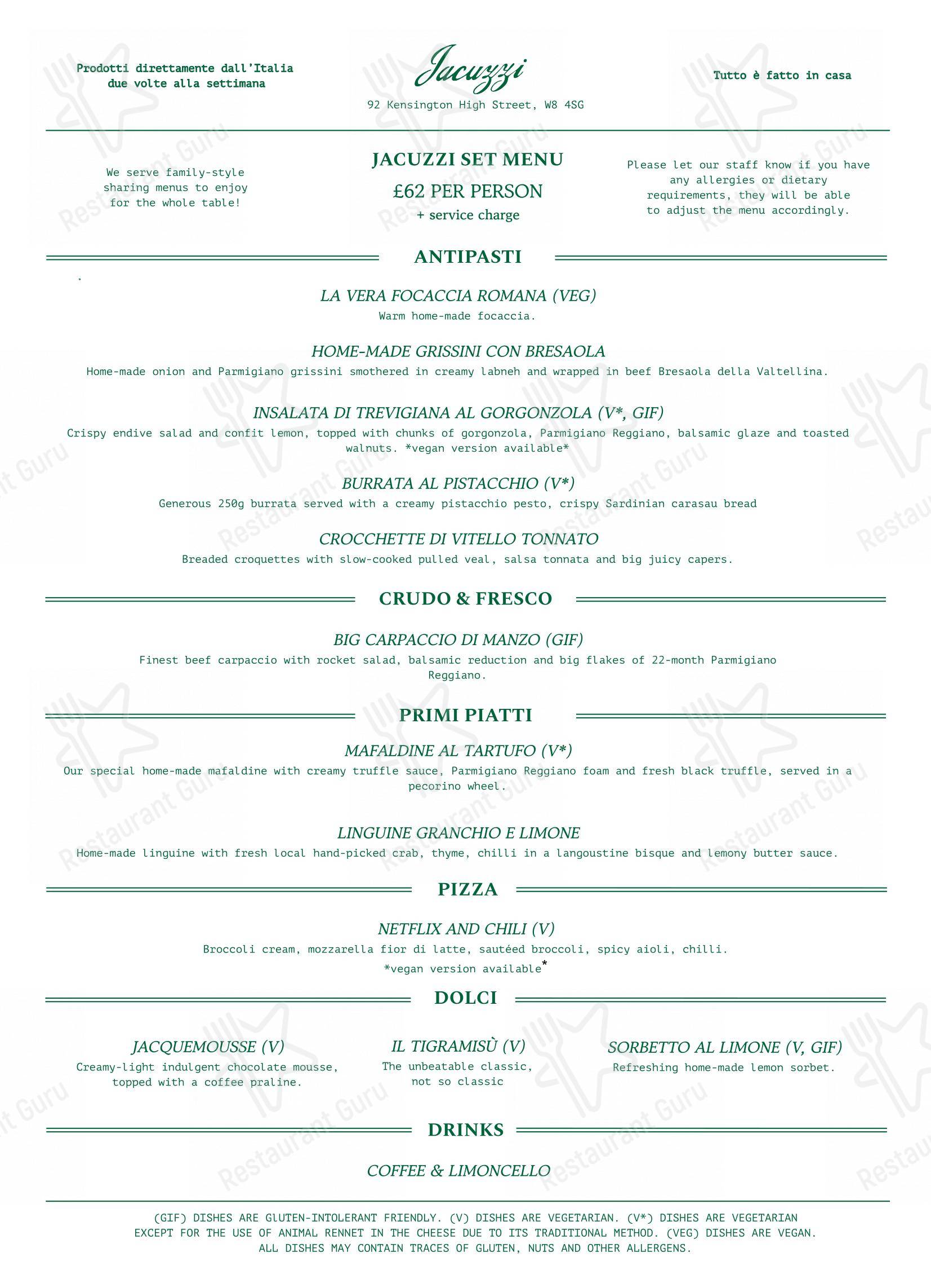 Menu at Jacuzzi restaurant, London Menu at Jacuzzi restaurant, London