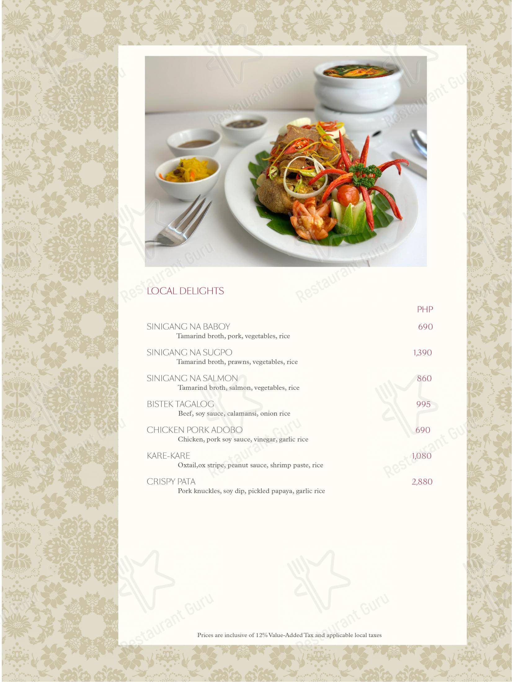 Menu at Manila Hotel Lobby Lounge restaurant, Manila