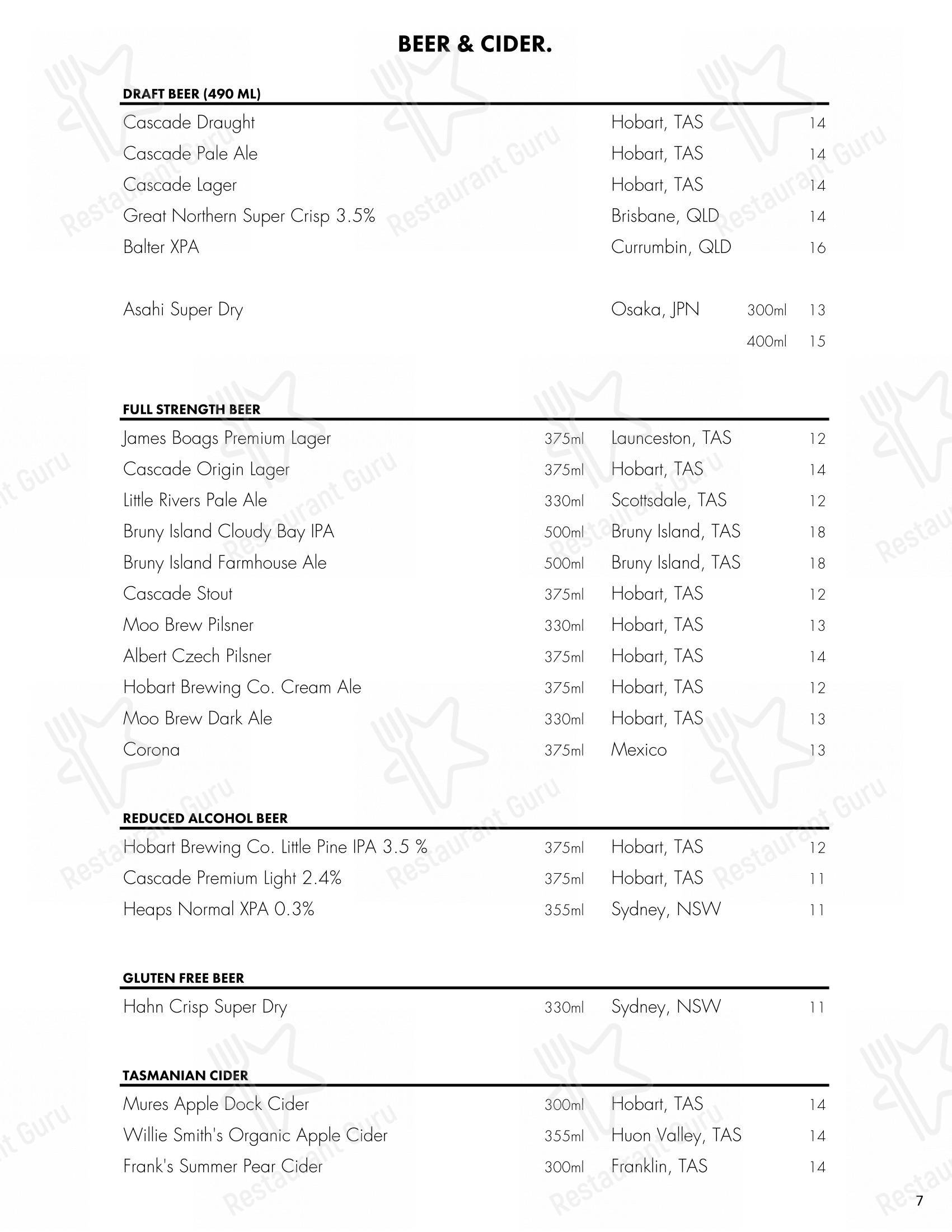 Menu at Mures Upper Deck restaurant, Hobart
