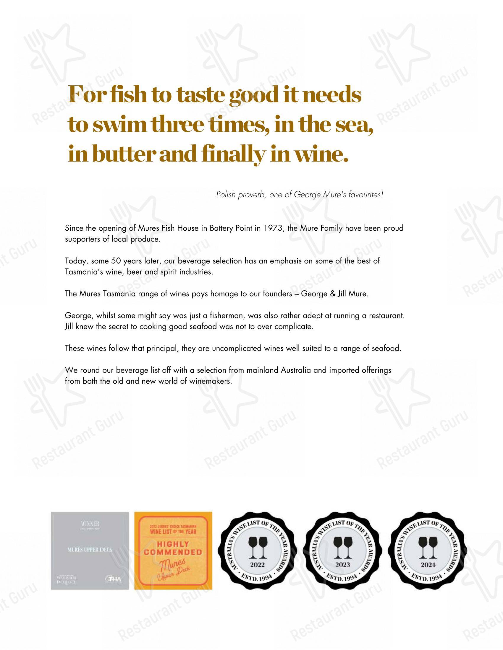 Menu at Mures Upper Deck restaurant, Hobart