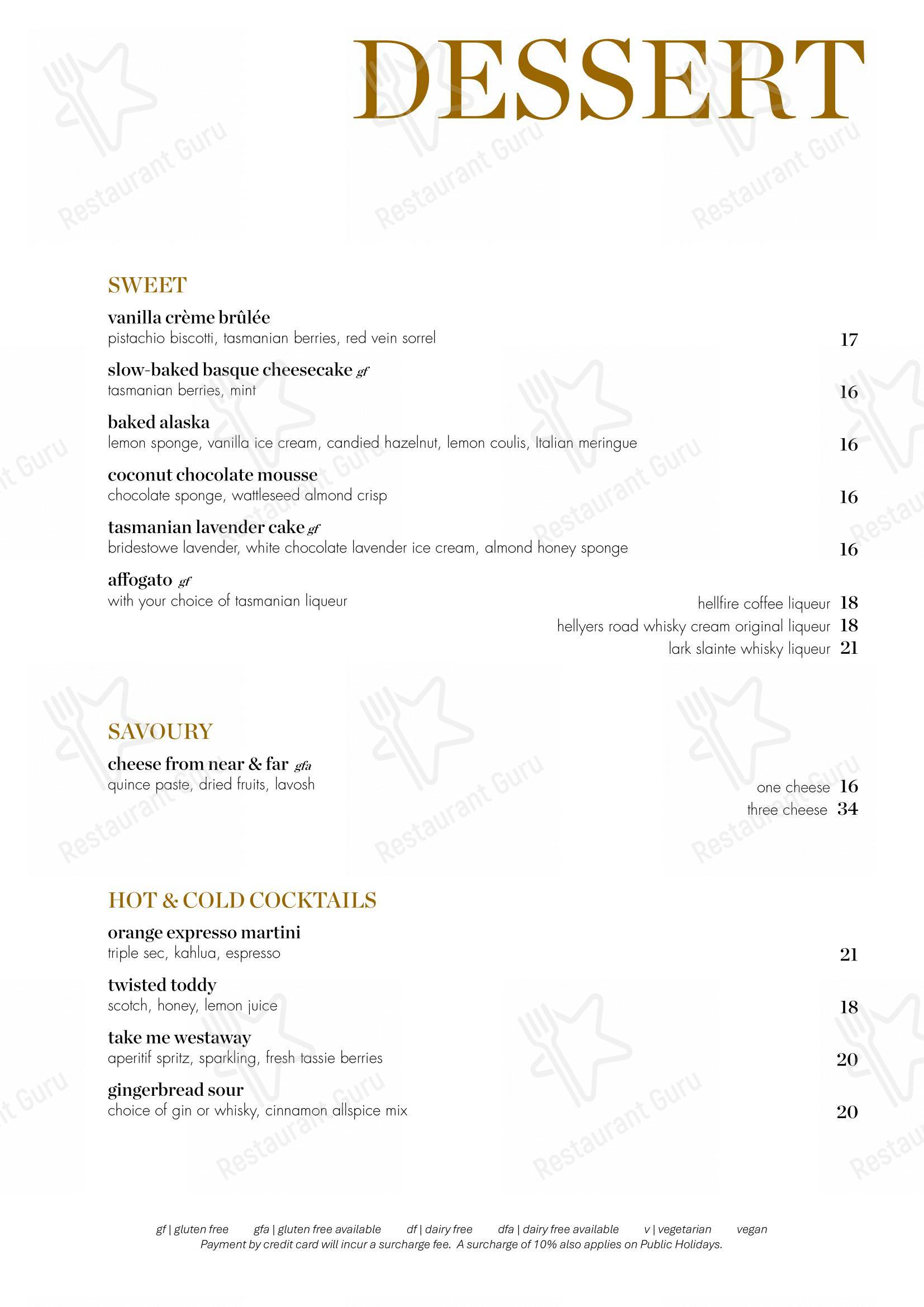 Menu at Mures Upper Deck restaurant, Hobart
