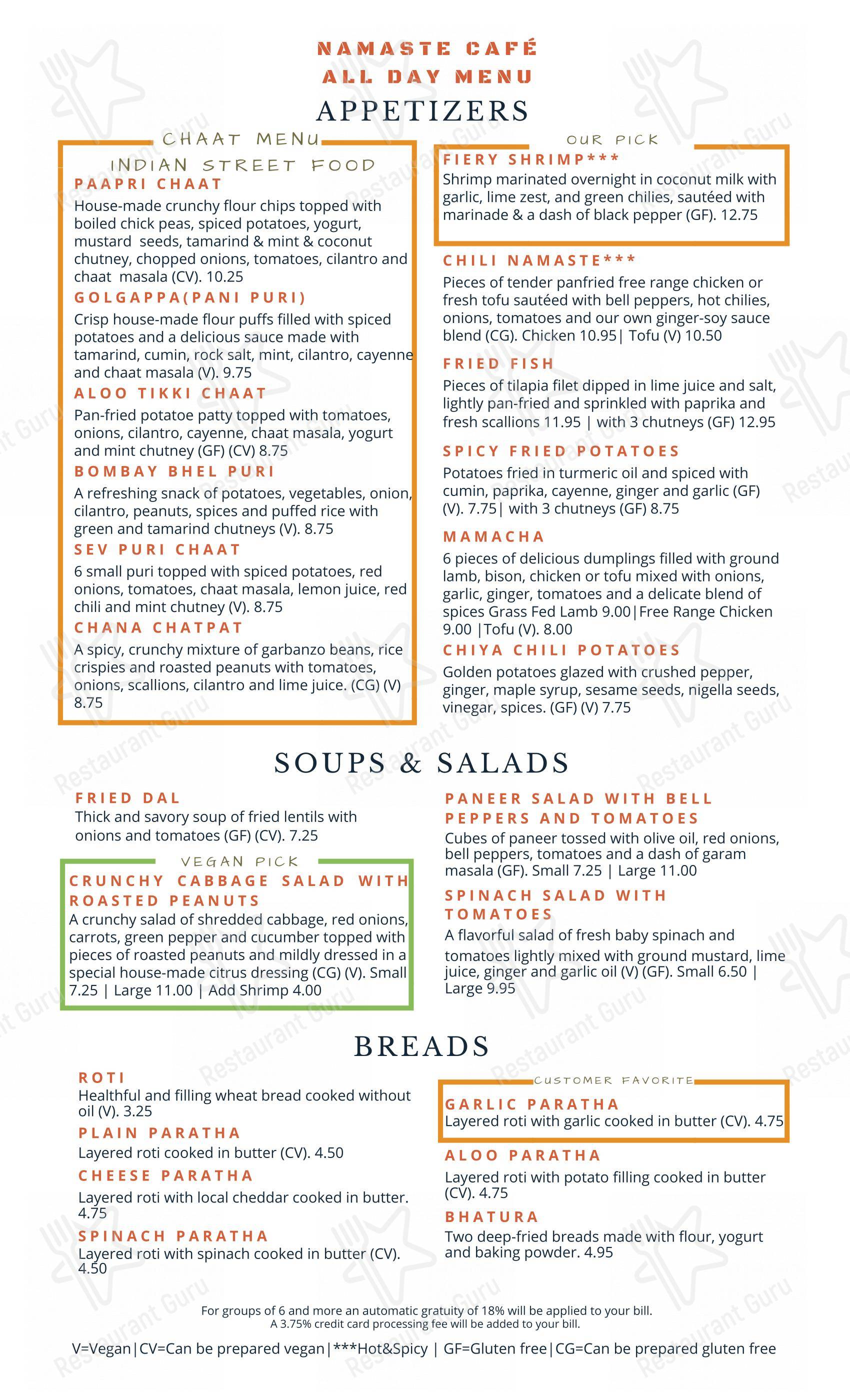 Menu at Namaste Cafe, Minneapolis