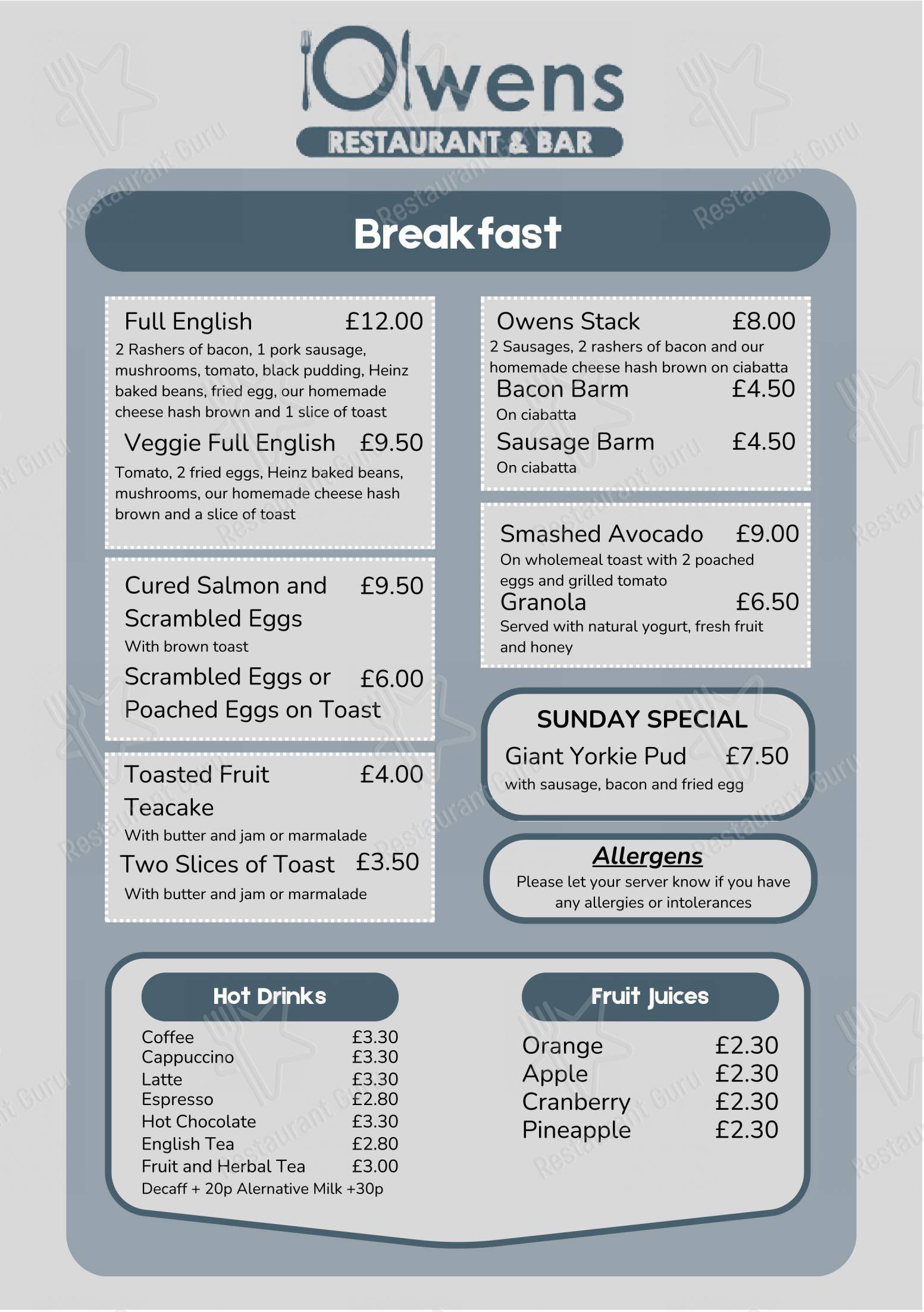 Menu at Owens restaurant, Bury
