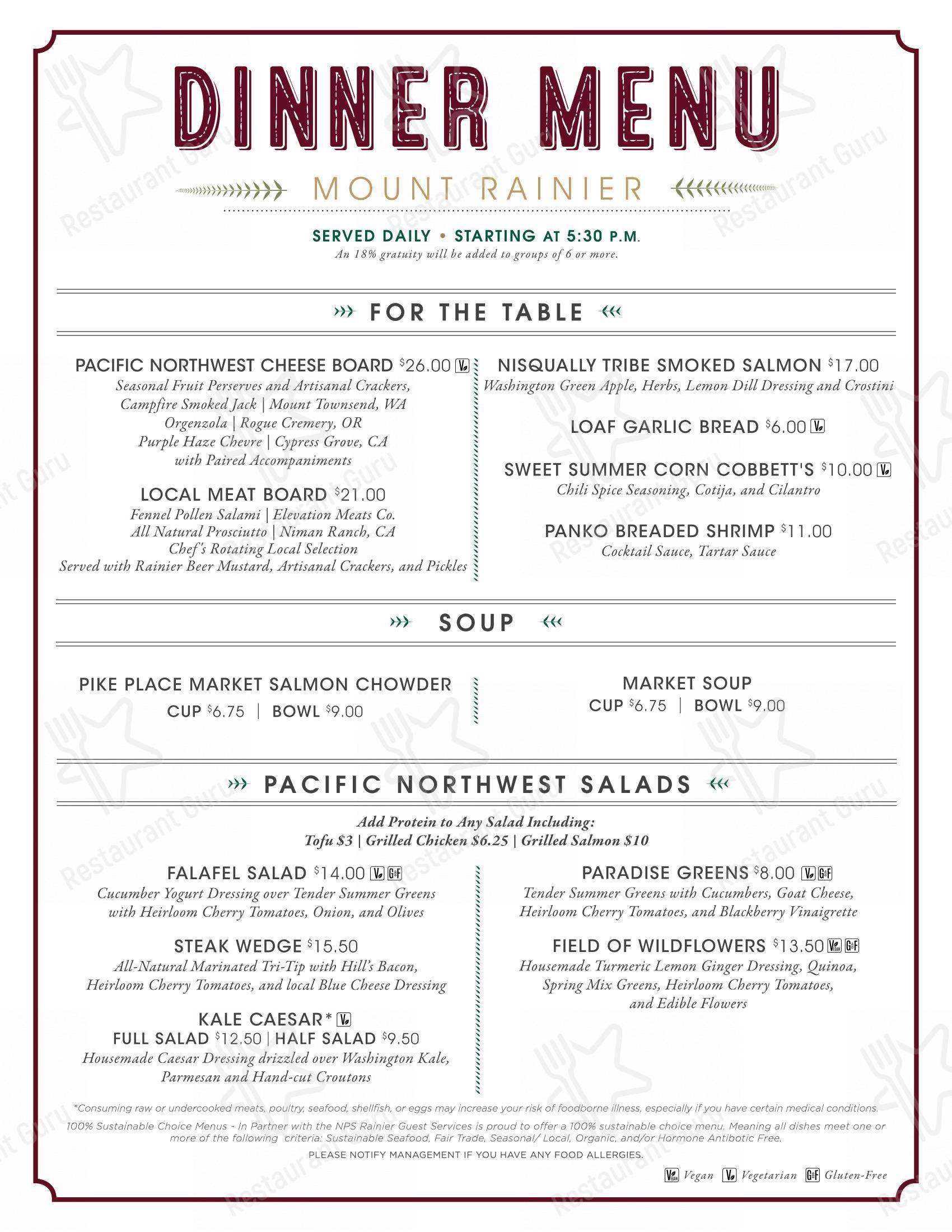 Menu at Paradise Inn Dining Room restaurant, USA