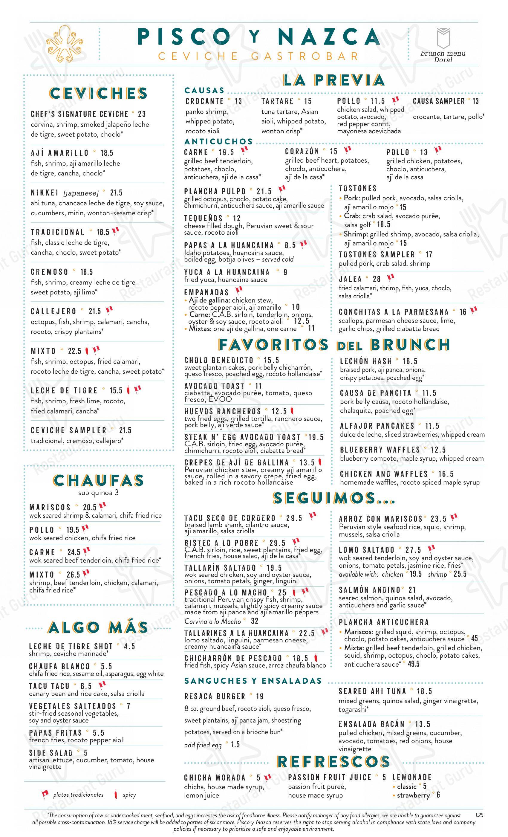 Carta de Pisco y Nazca Ceviche Gastrobar, Doral, NW 53rd St A101