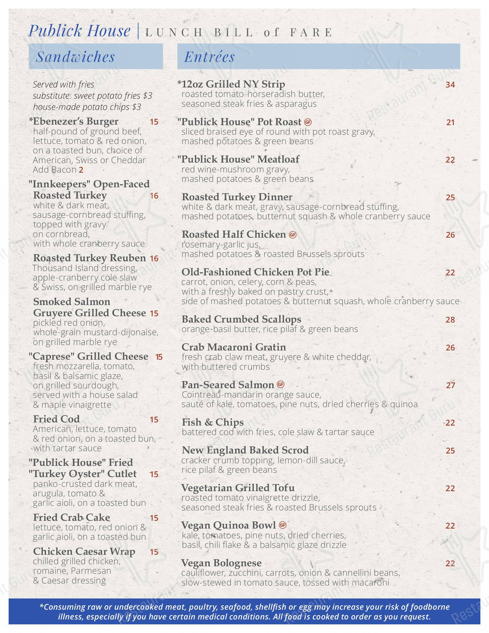 Menu at Publick House Historic Inn, Sturbridge