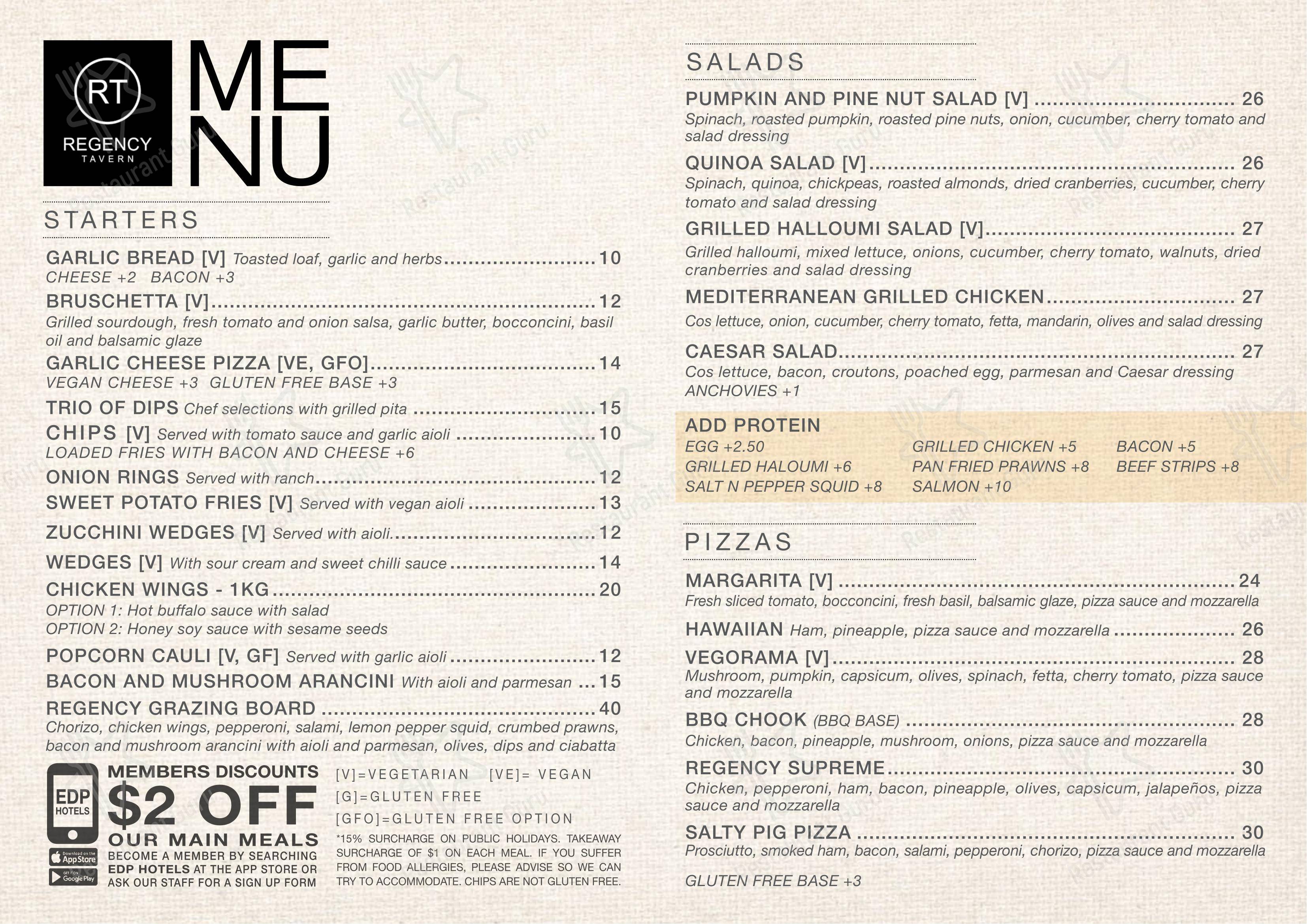 Menu at Regency Tavern pub & bar, Regency Park