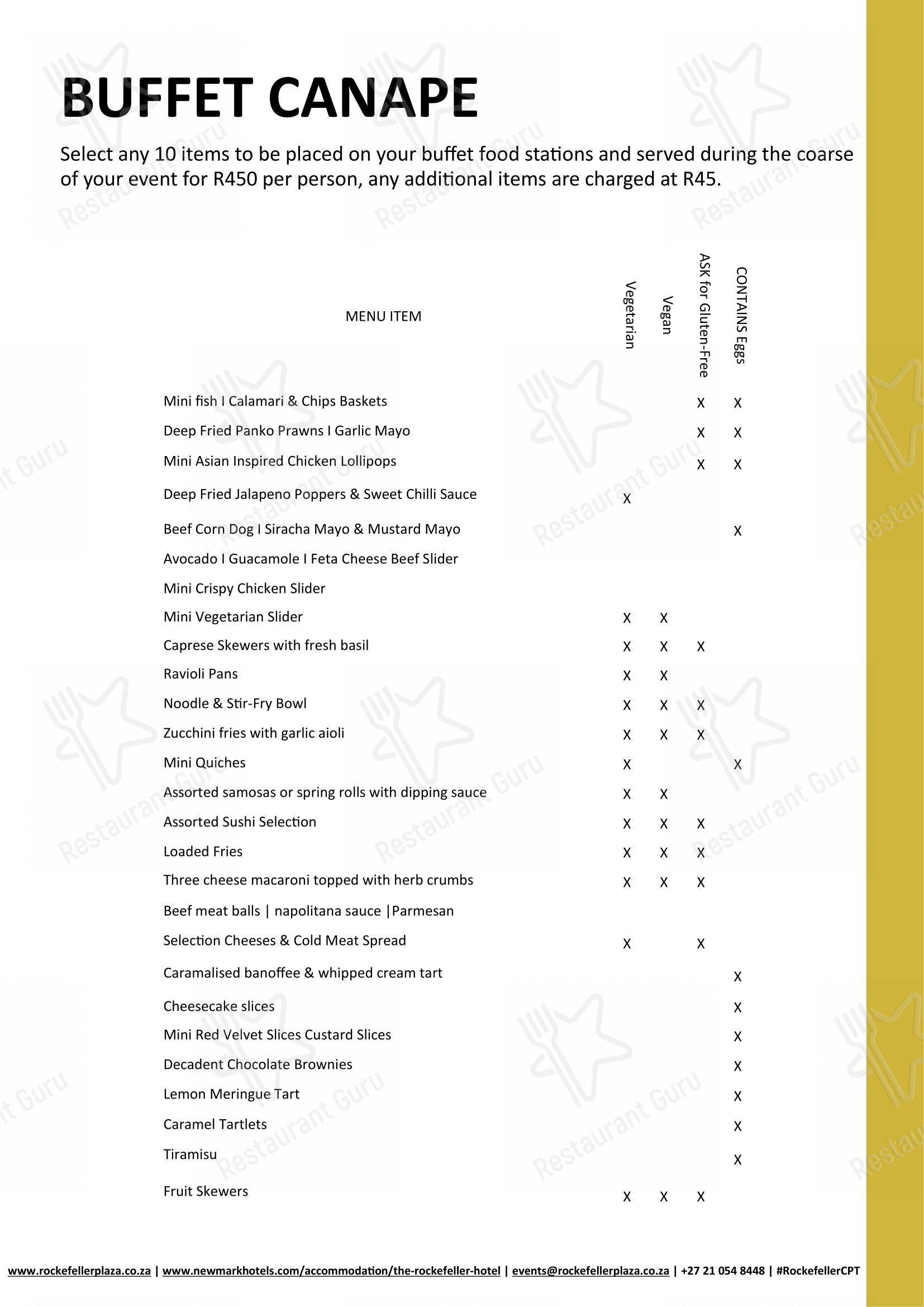 Menu at Rockefeller Hotel & Residence cafe, Cape Town