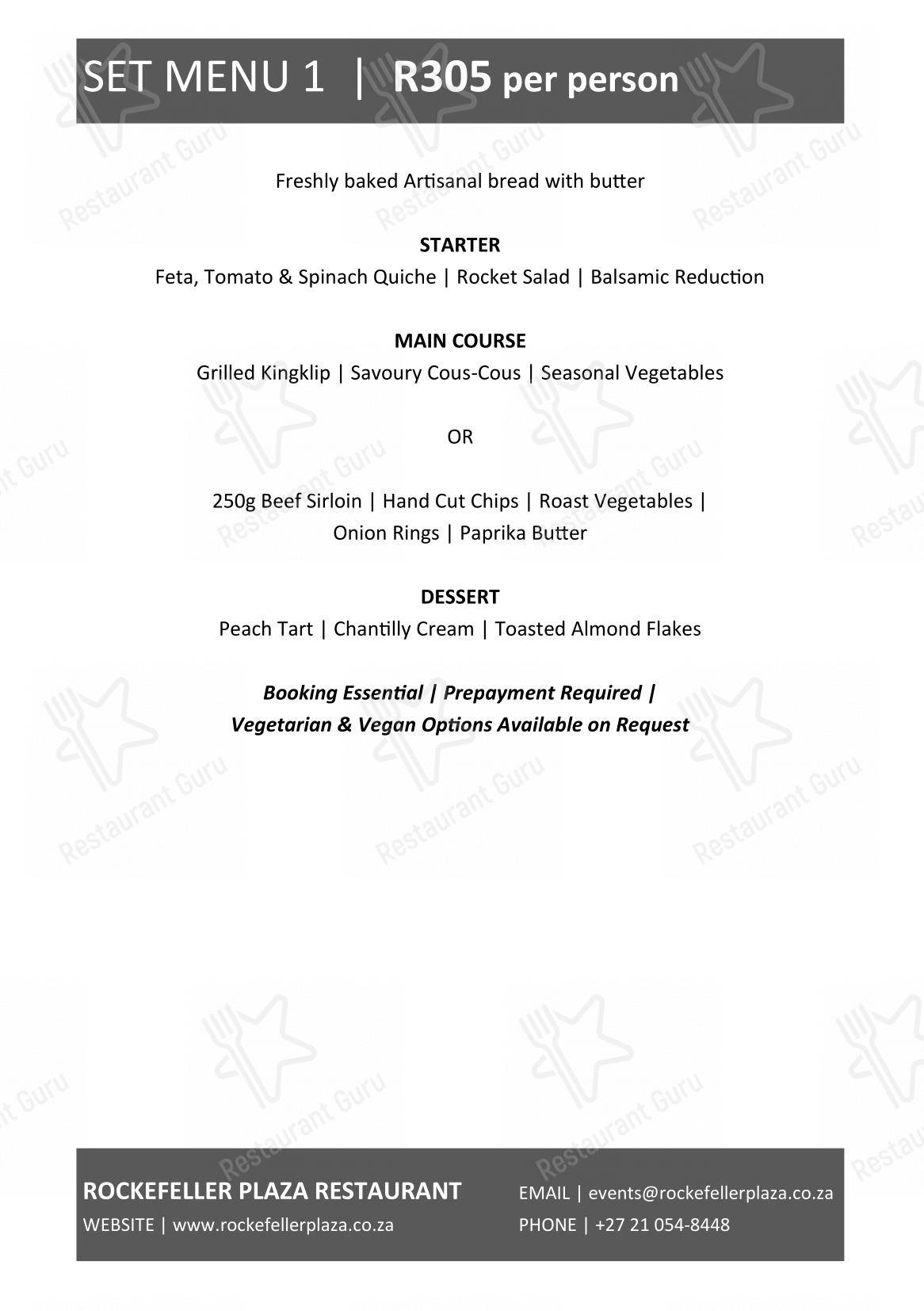 Menu at Rockefeller Hotel & Residence cafe, Cape Town