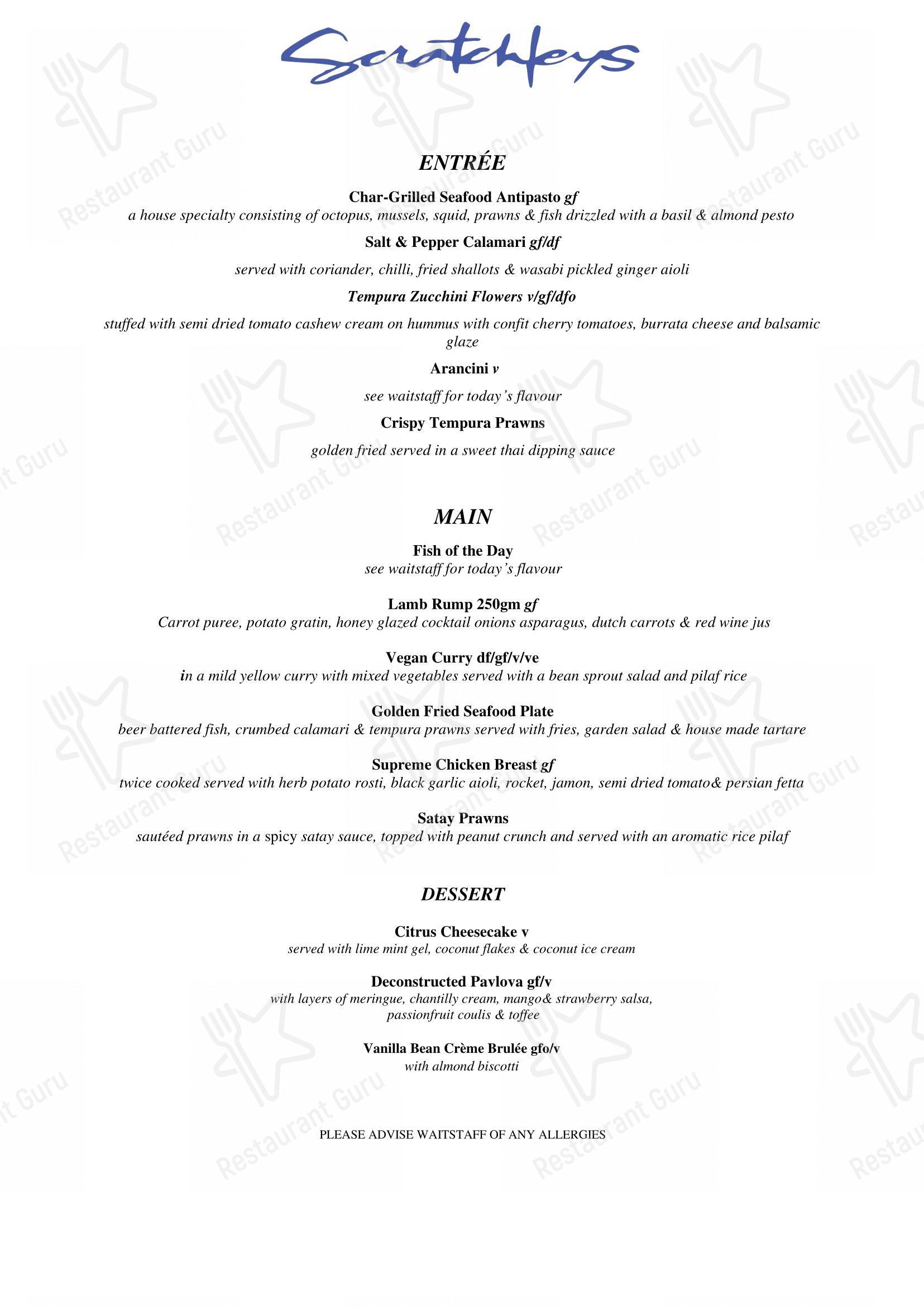 Menu at Scratchleys on the Wharf restaurant, Newcastle, 200 Wharf Rd