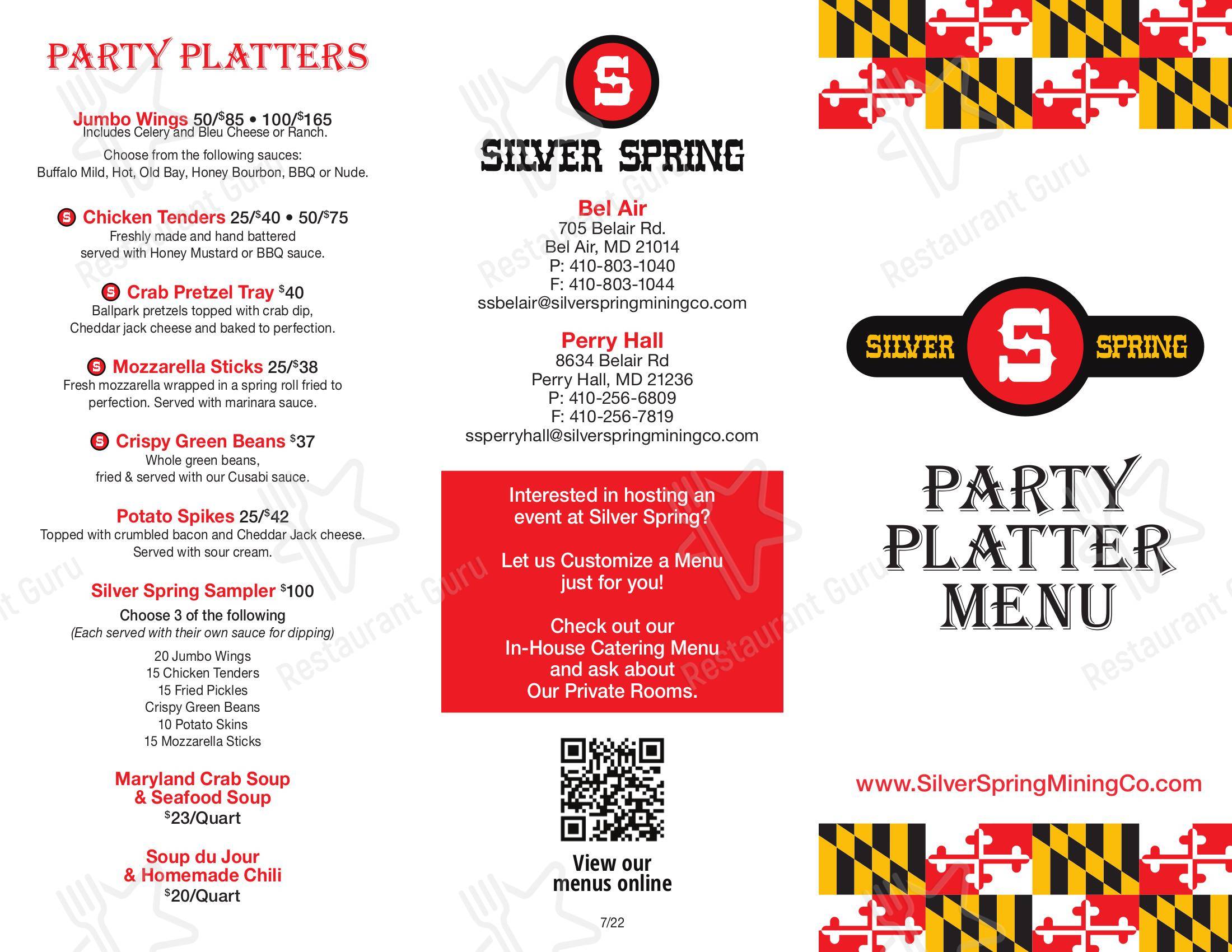 Menu at Silver Spring Mining Company pub & bar, Perry Hall