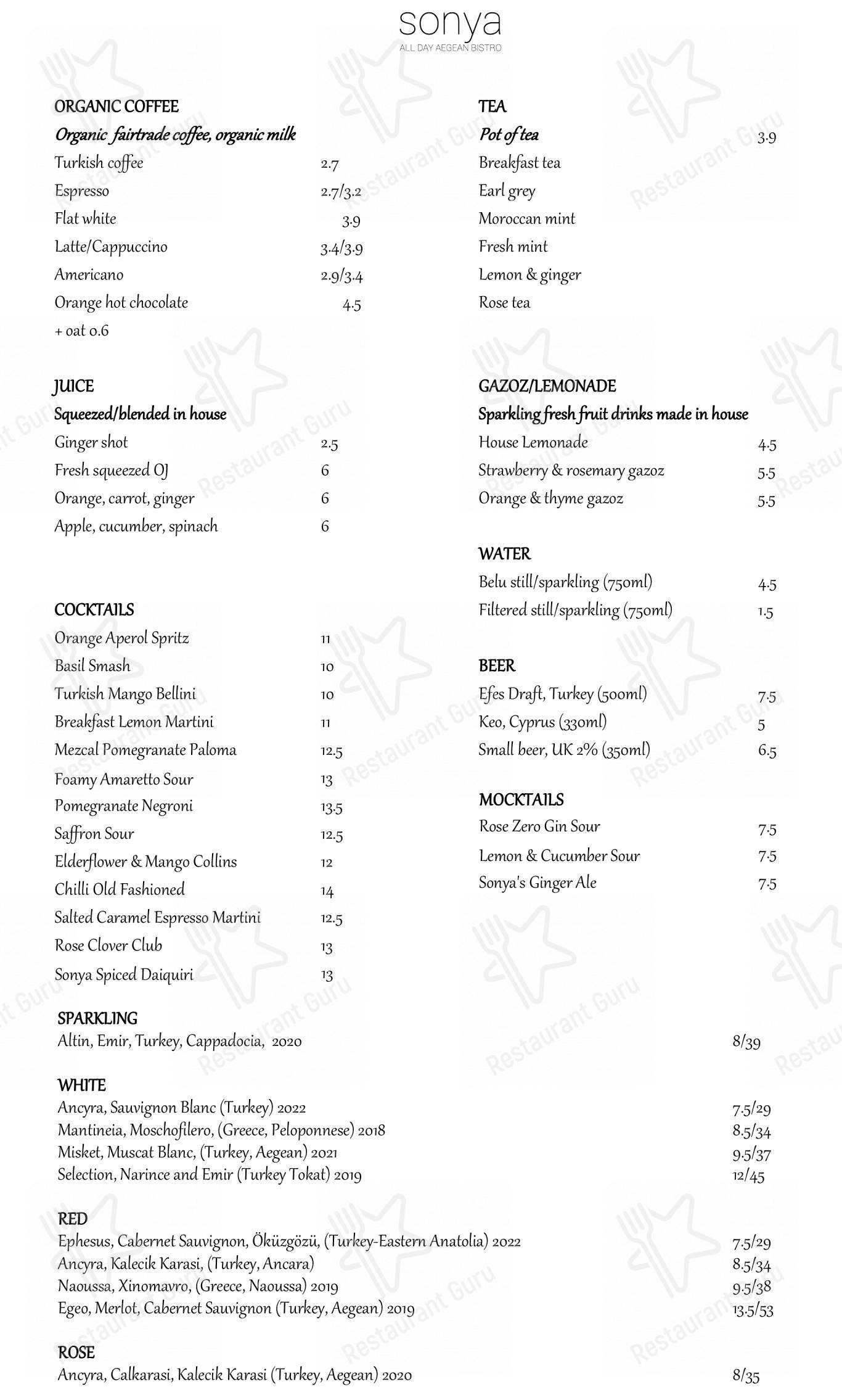 Menu at Sonya Restaurant (King's Road), London