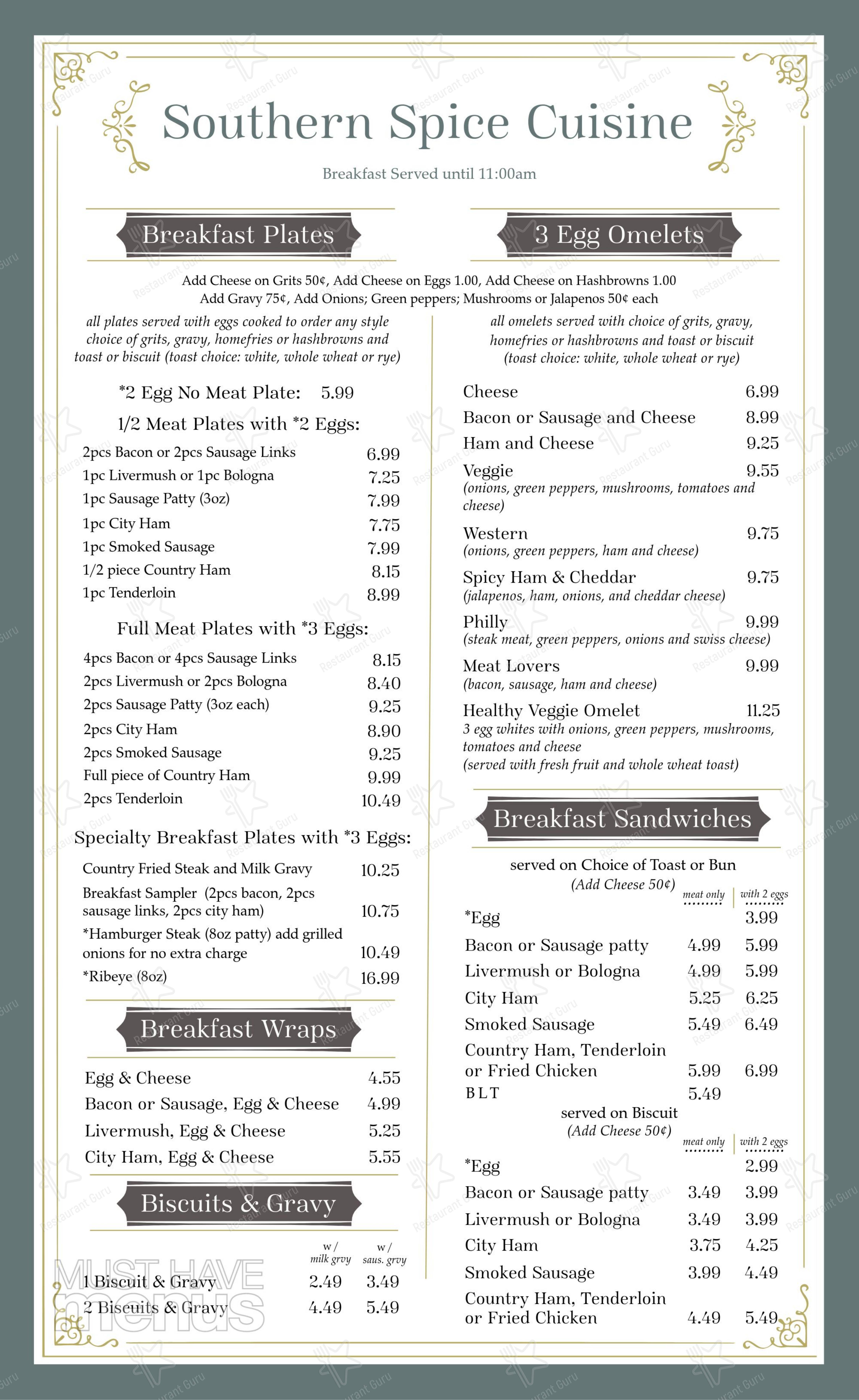 Menu at Southern Spice Cuisine restaurant, Bermuda Run