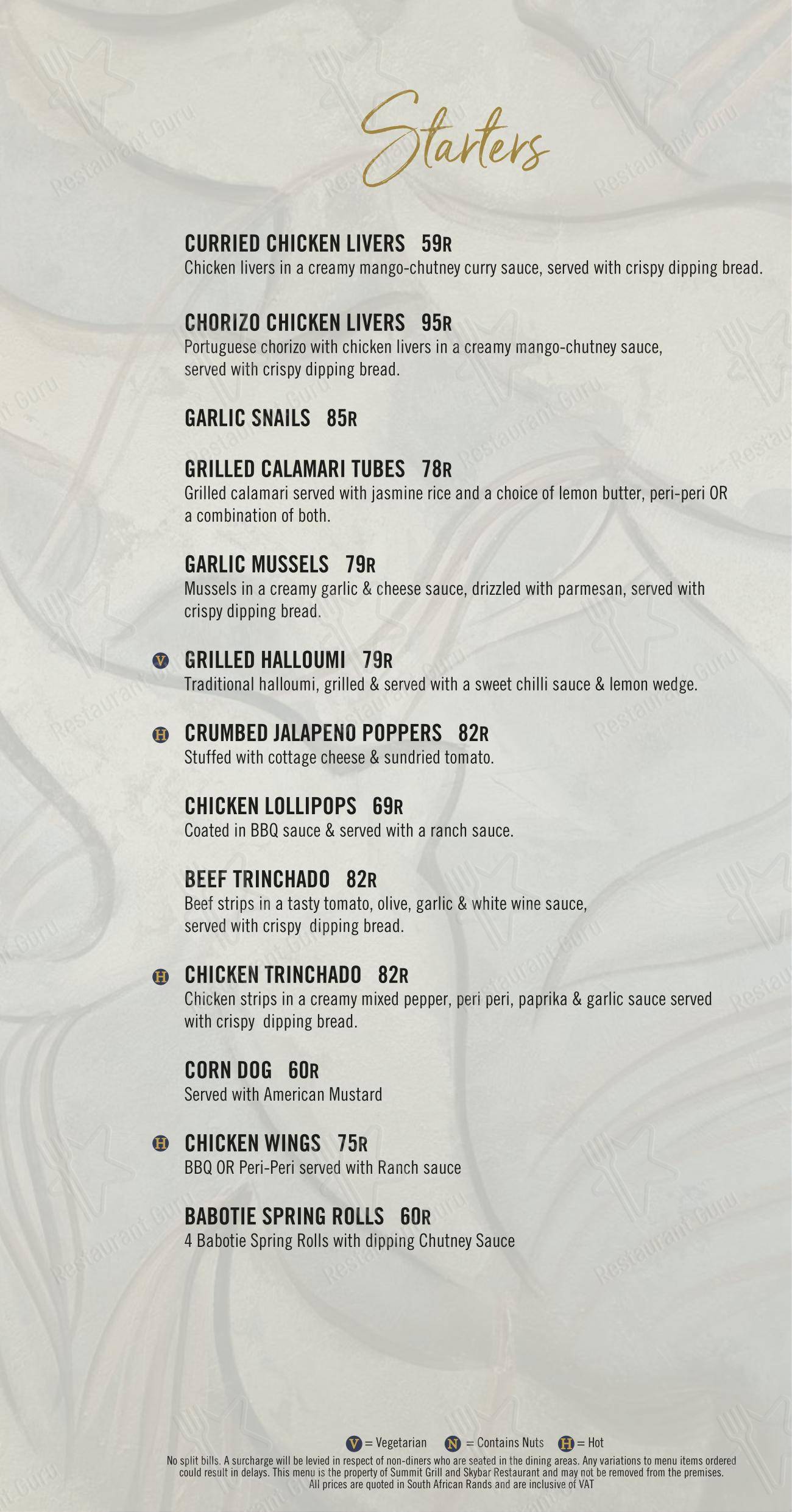 Menu at Summit Grill and Sky Bar Menlyn, Pretoria