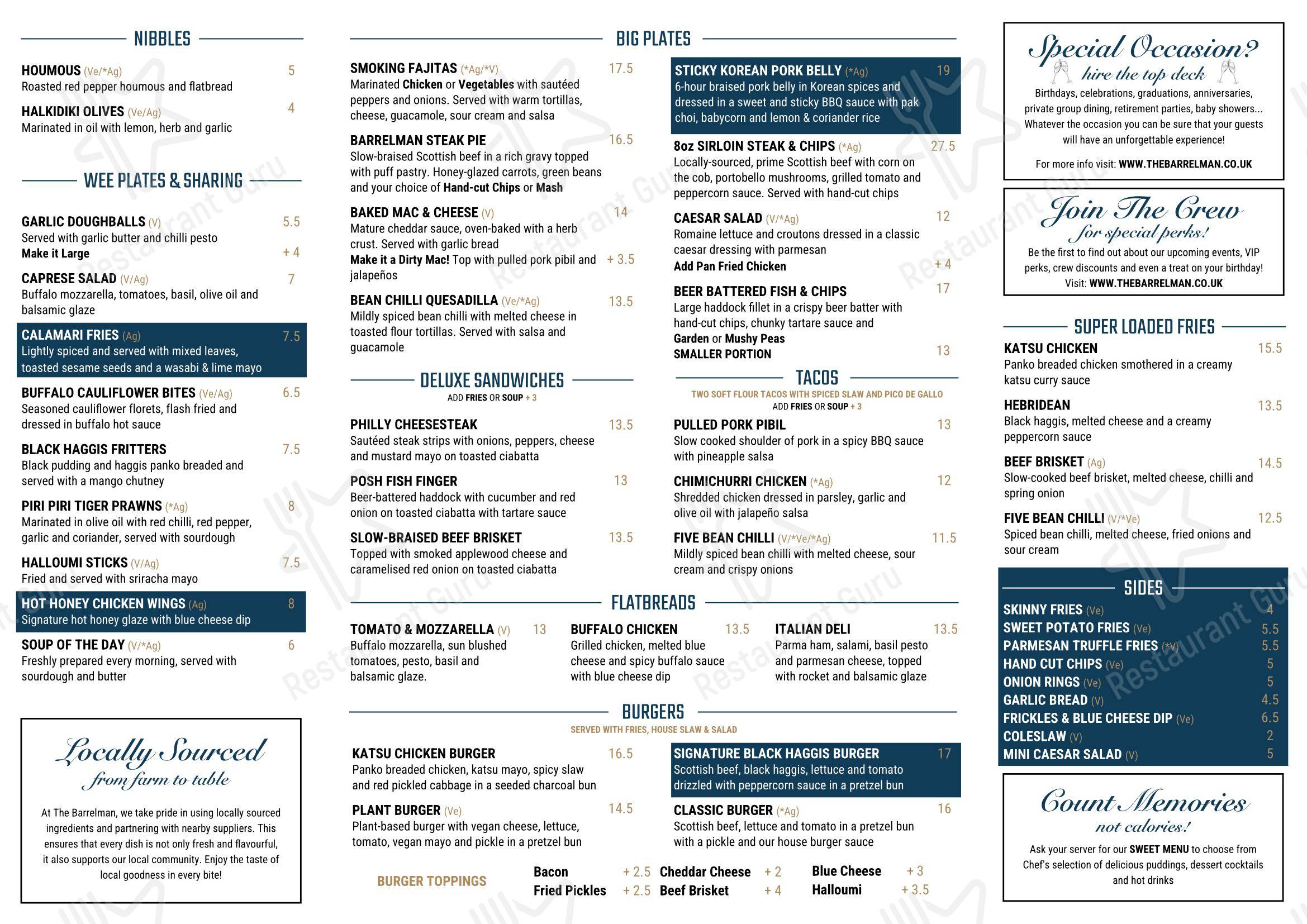 Menu at The Barrelman, Dundee