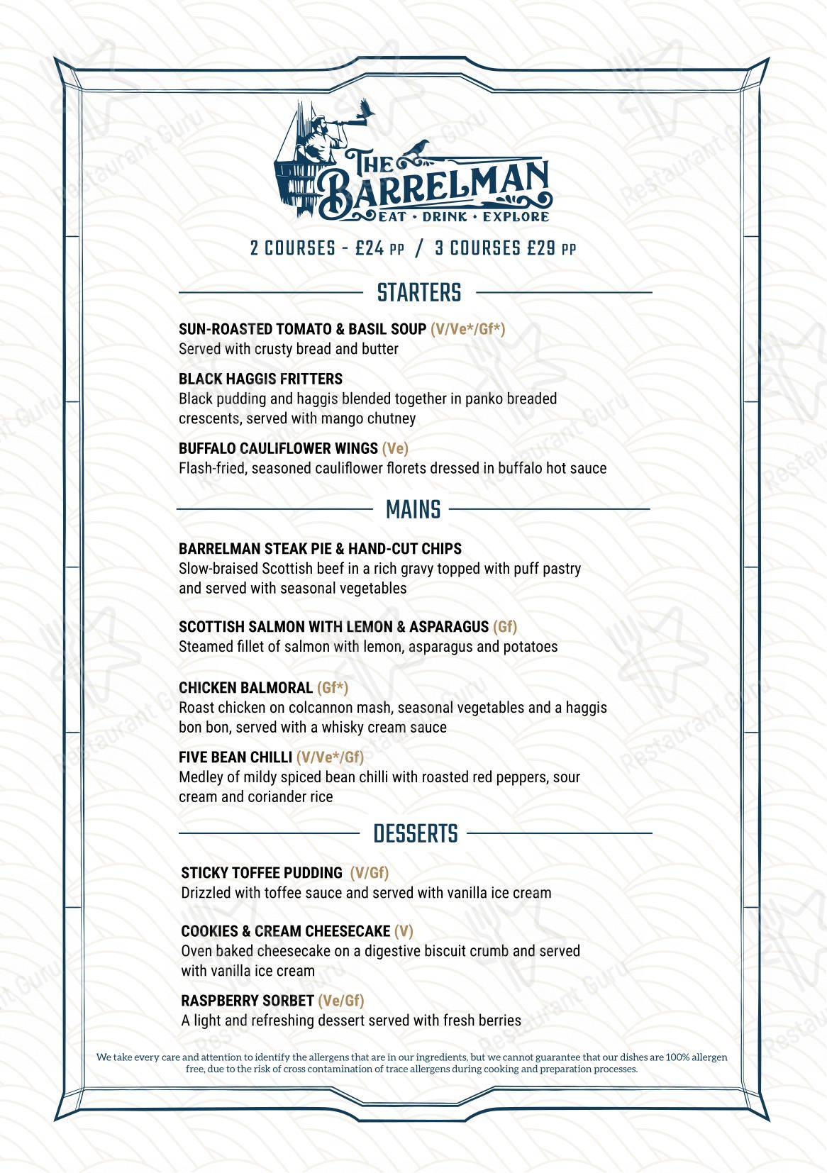 Menu at The Barrelman, Dundee