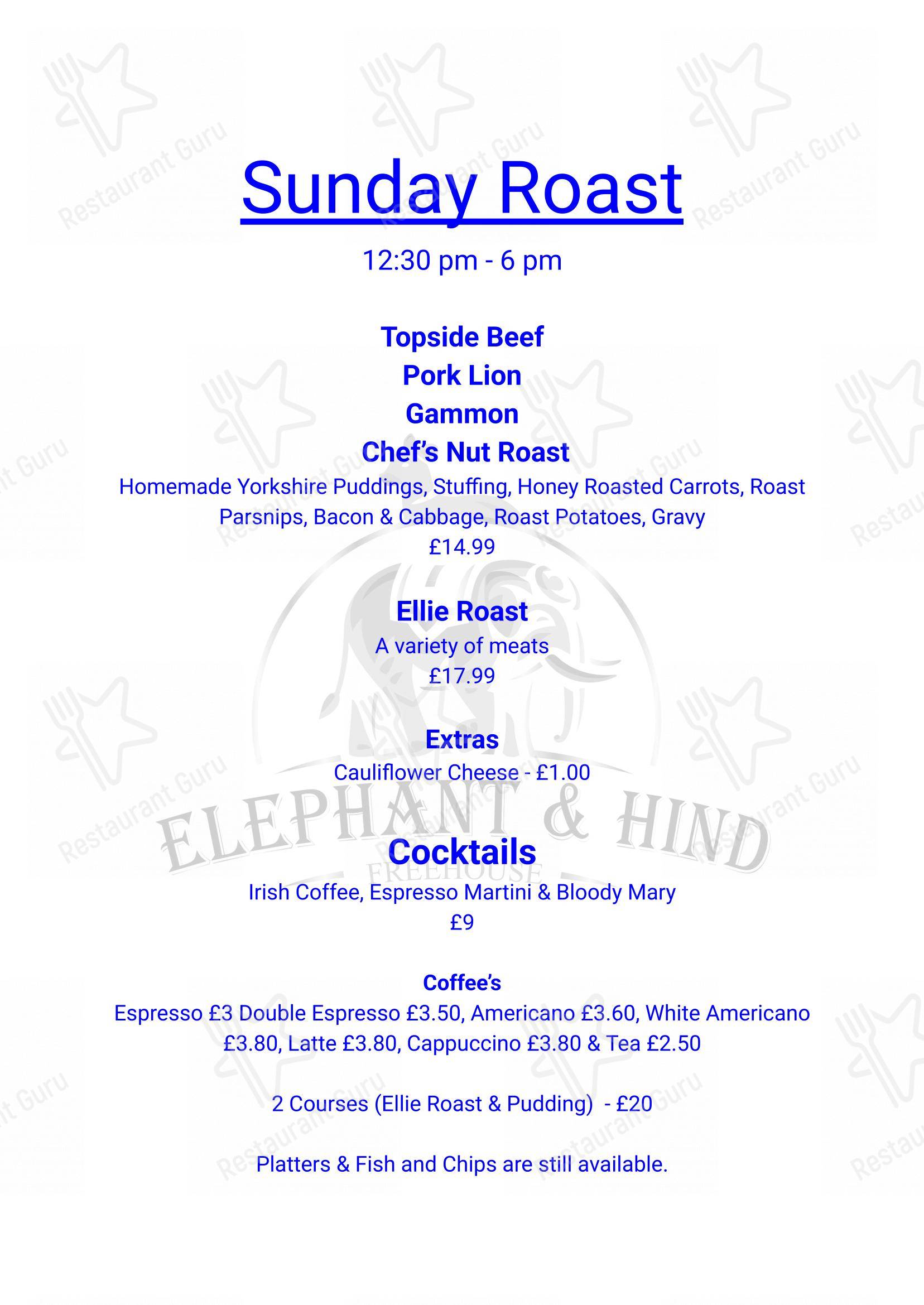 Menu at The Elephant and Hind pub & bar, Dover
