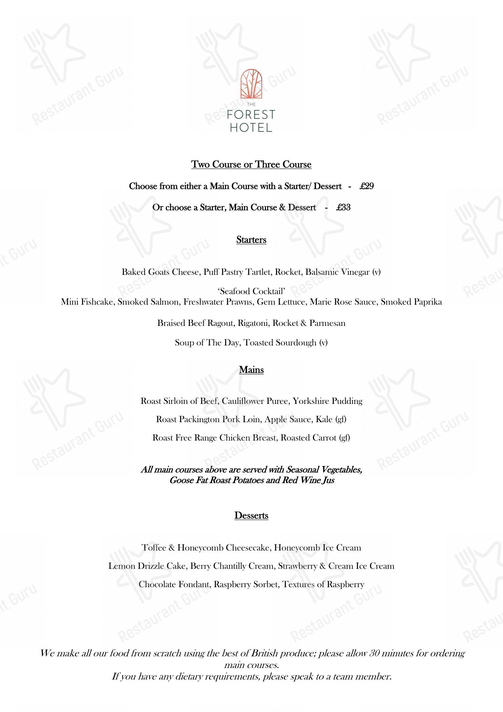 Menu at The Forest Hotel restaurant, Solihull