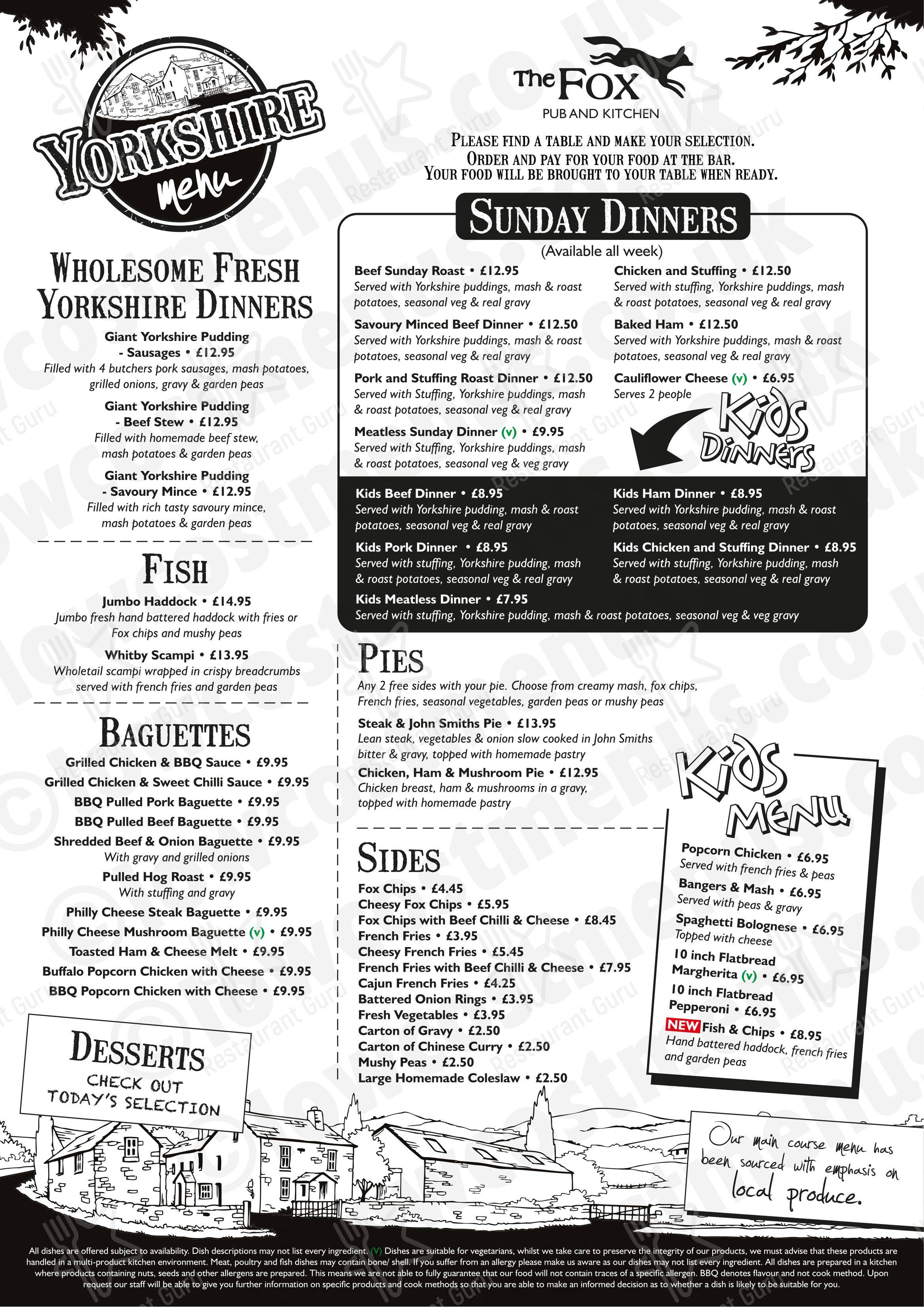 Menu at The Fox Inn pub & bar, Thorpe Willoughby, Fox Lane
