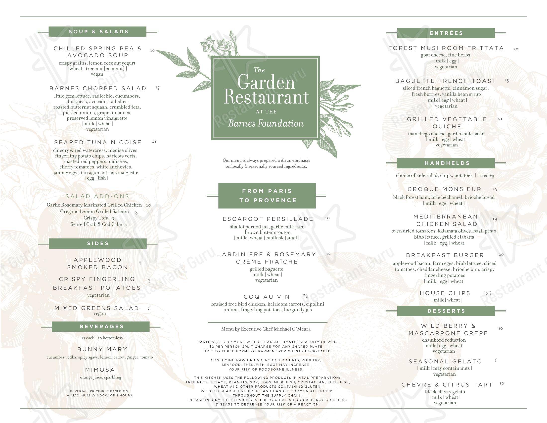 Menu at The Garden Restaurant Cafe at the Barnes Foundation, Philadelphia