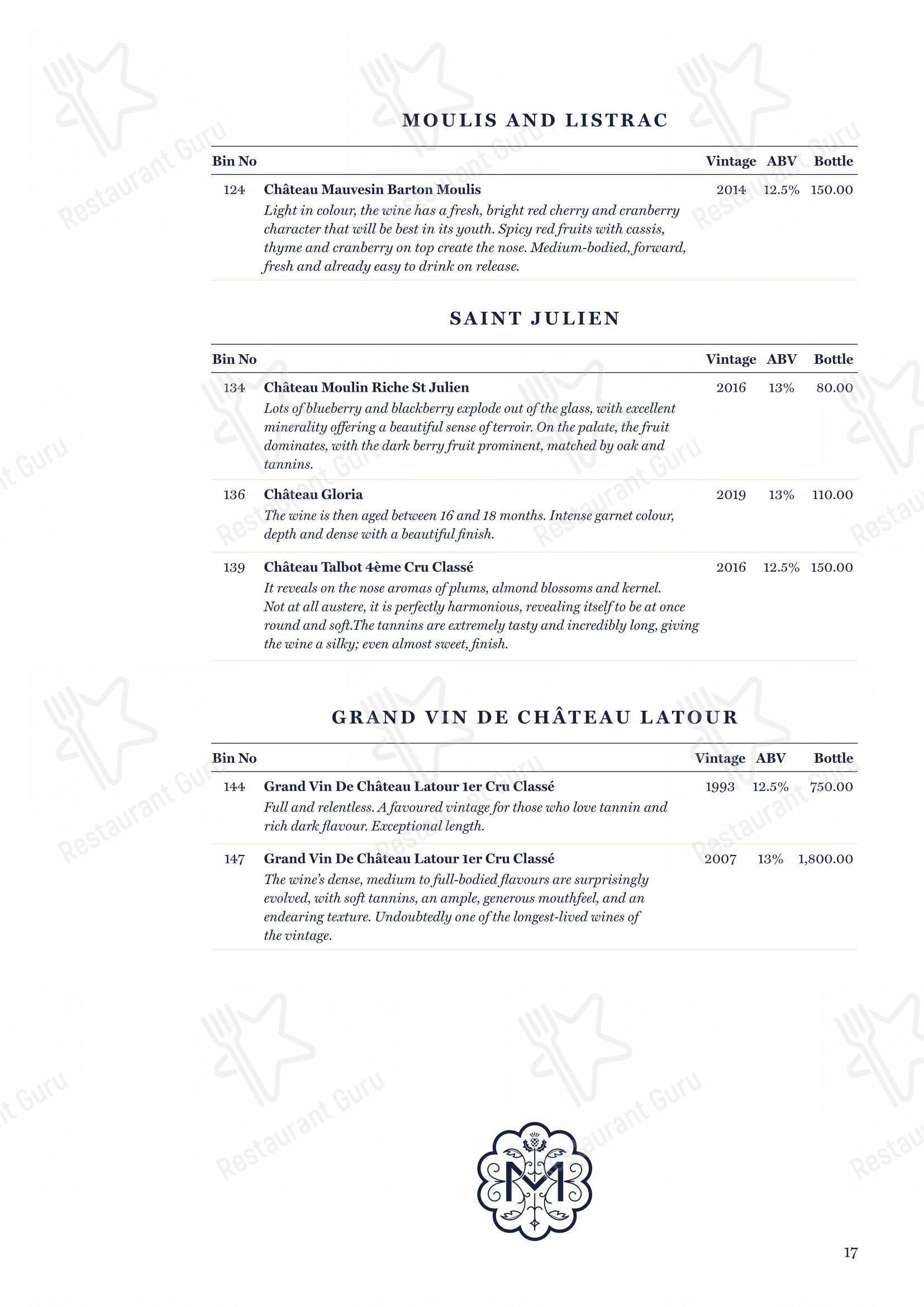 Menu at Marcliffe restaurant, Aberdeen