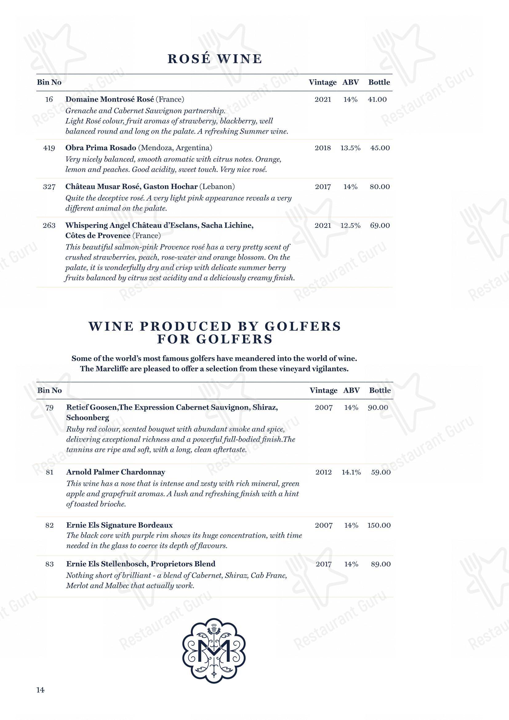 Menu at Marcliffe restaurant, Aberdeen