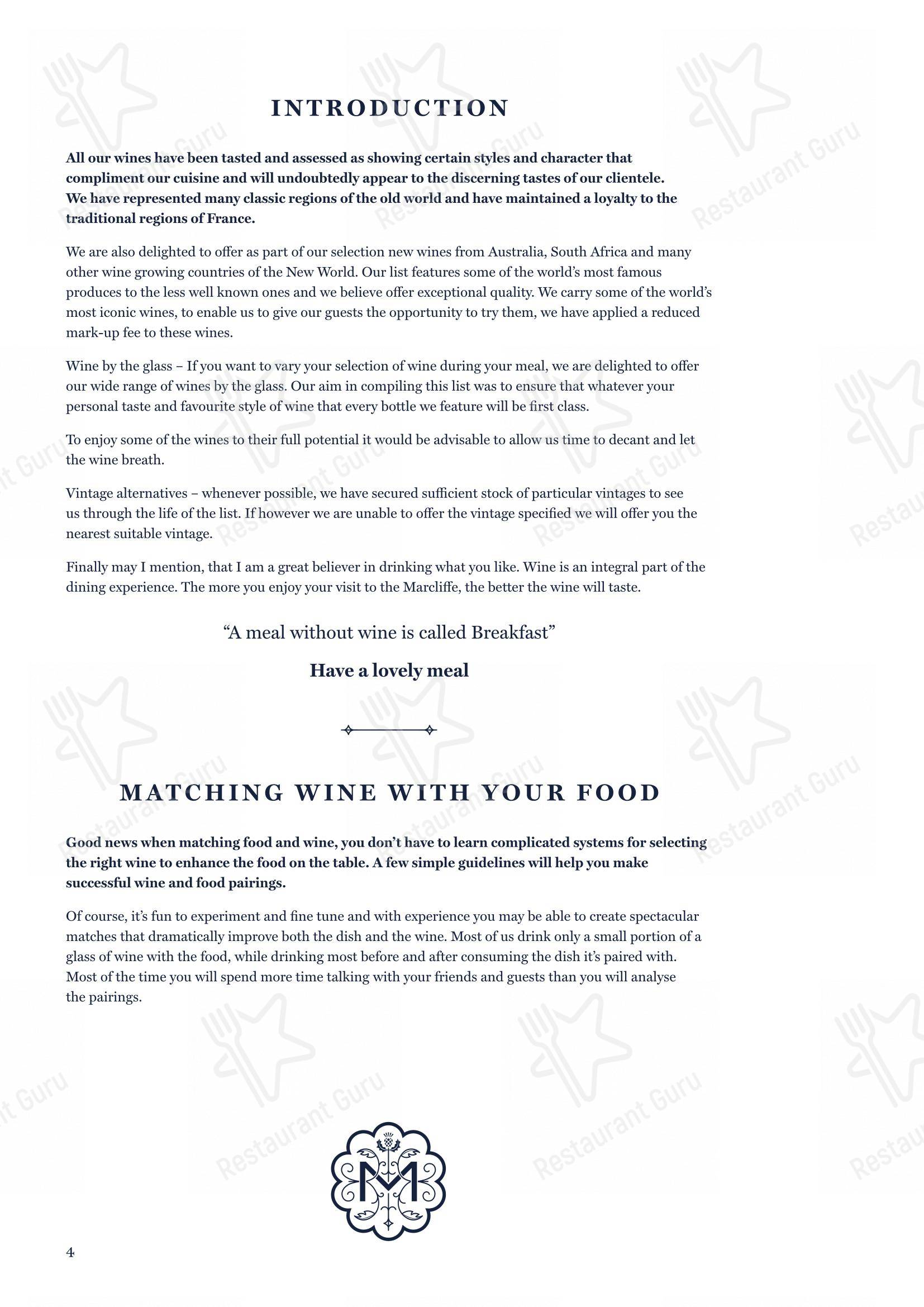 Menu at Marcliffe restaurant, Aberdeen