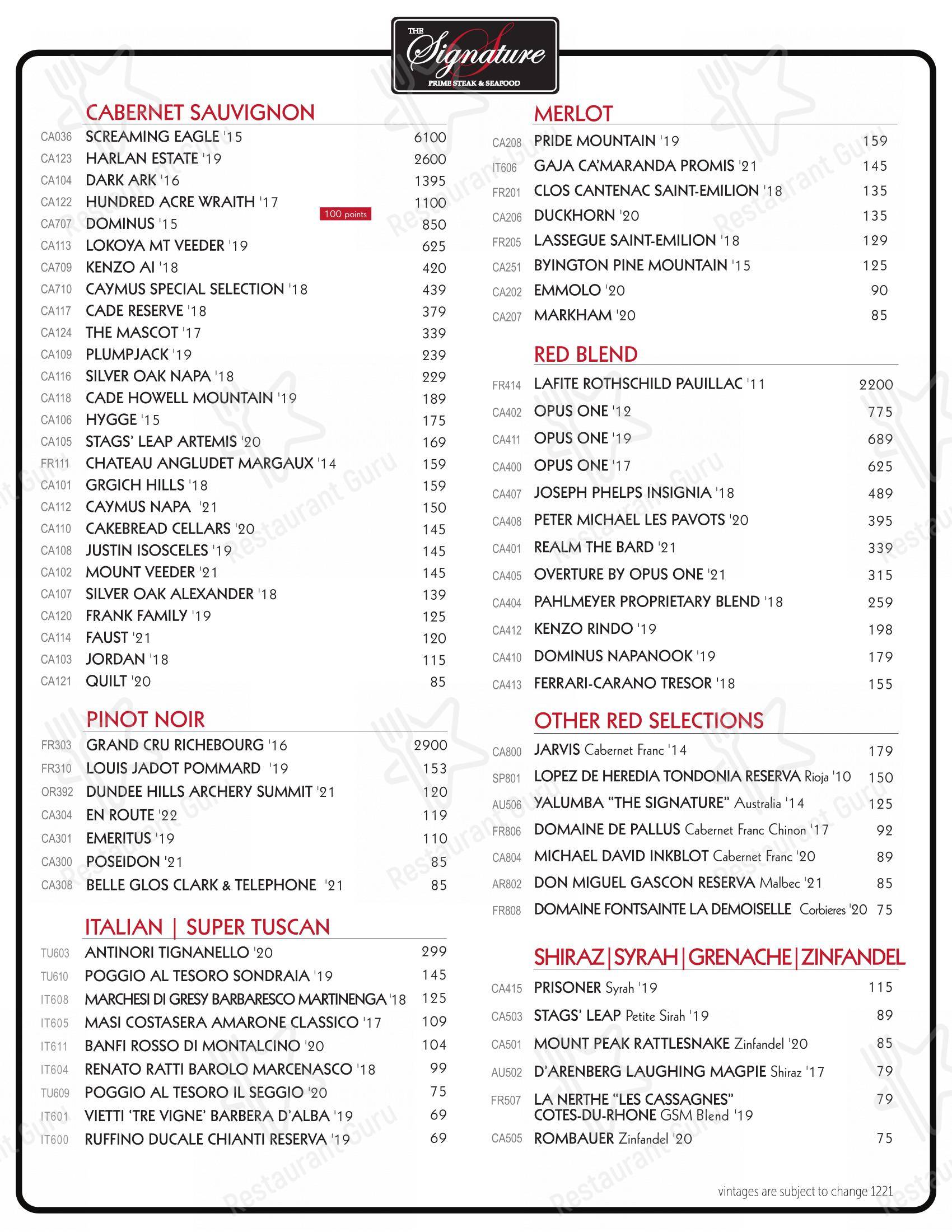 Menu at The Signature Prime Steak & Seafood steakhouse, Honolulu
