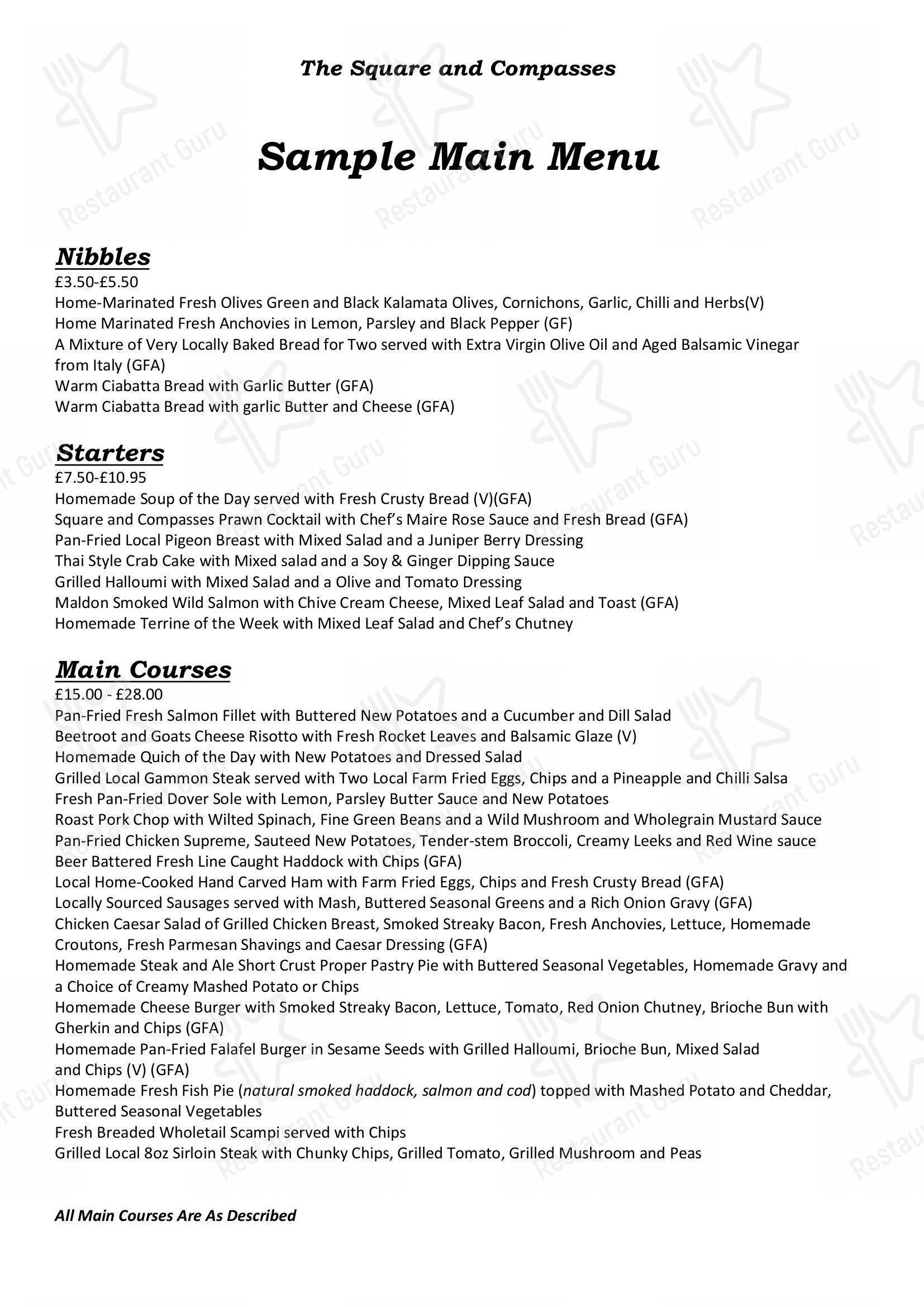 Carta del pub y bar The Square & Compasses, Fairstead