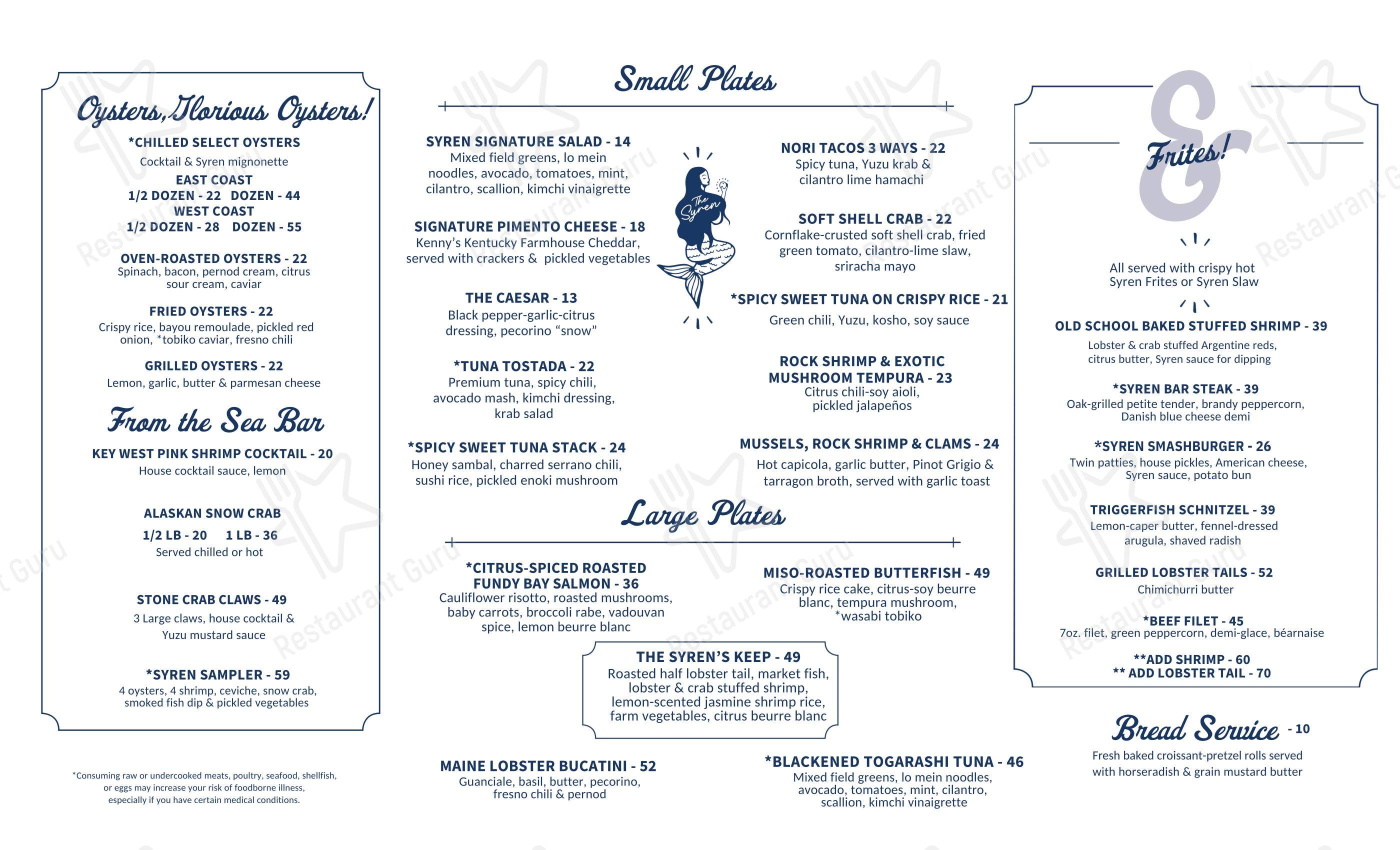 Menu at The Syren Oyster & Cocktail Bar, Naples