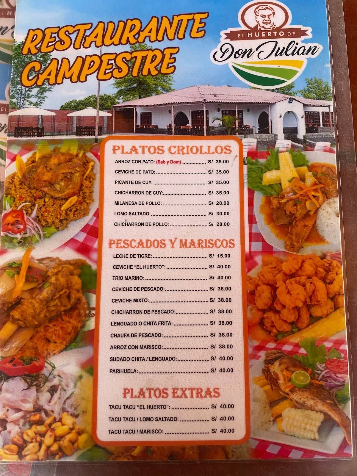 Carta de restaurante campestre el huerto de don julian, Barranca District