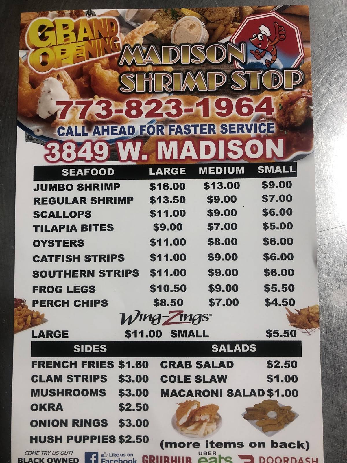 Menu at shrimp stop restaurant, Chicago