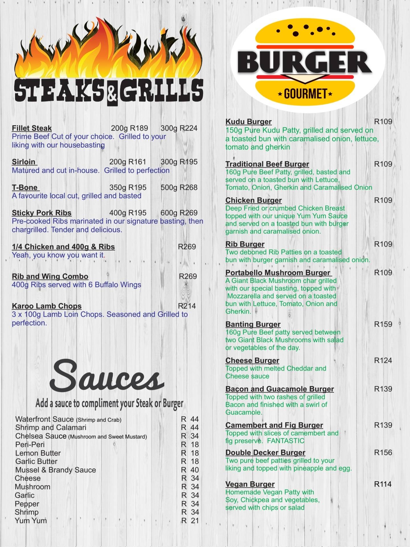 Menu at the Pothole & Donkey restaurant, Grahamstown