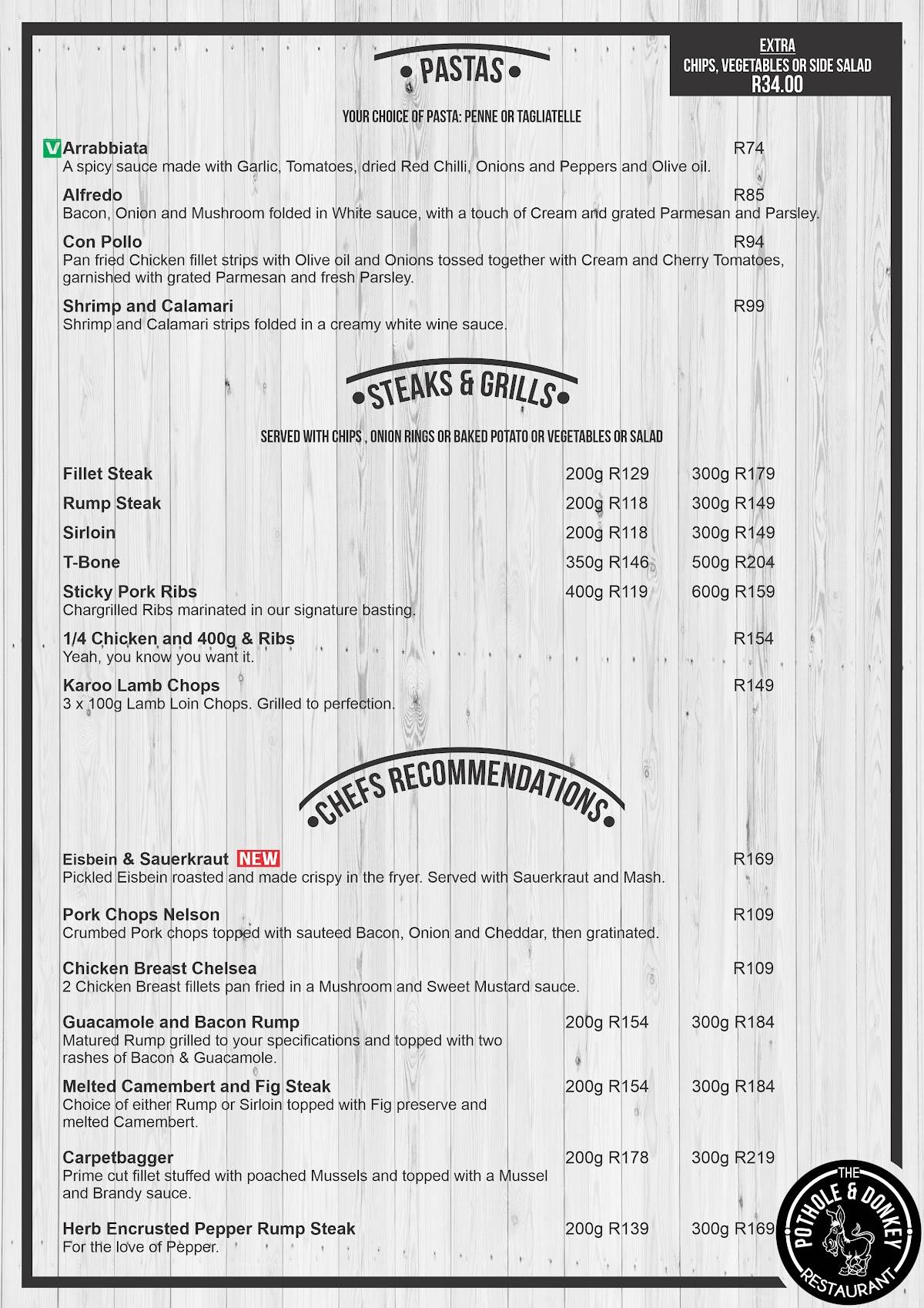 Menu at the Pothole & Donkey restaurant, Grahamstown