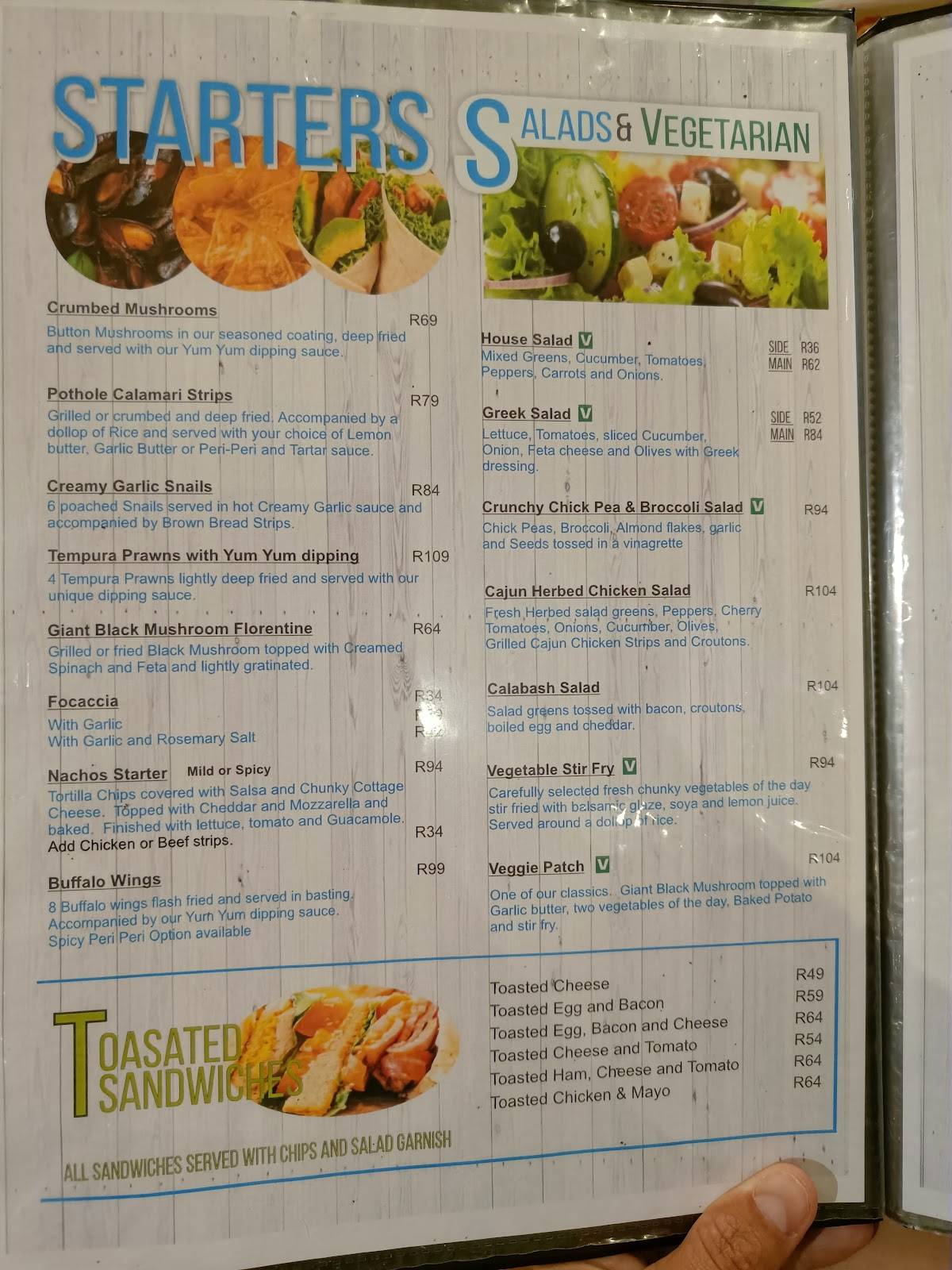 Menu at the Pothole & Donkey restaurant, Grahamstown