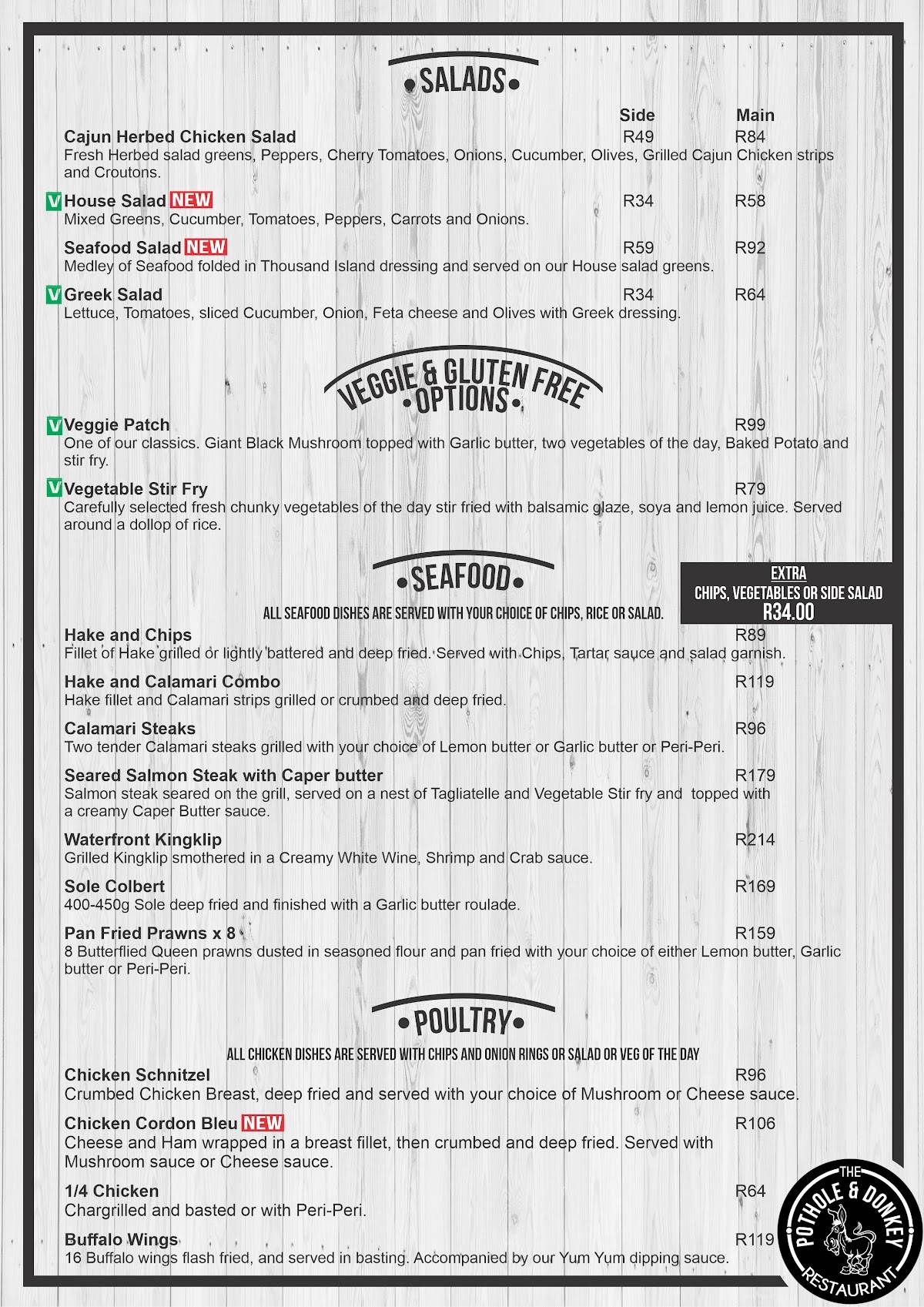 Menu at the Pothole & Donkey restaurant, Grahamstown
