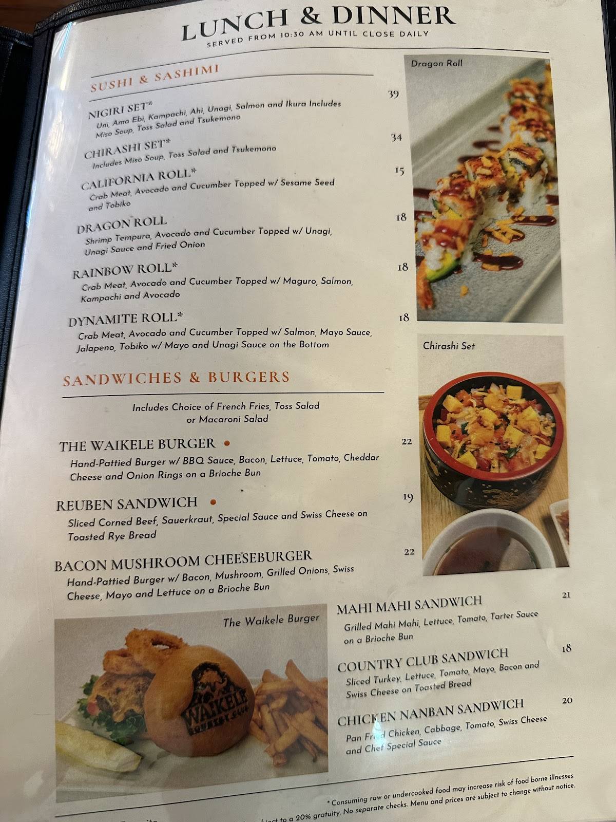 Menu at waikele golf course restaurant, Waipahu