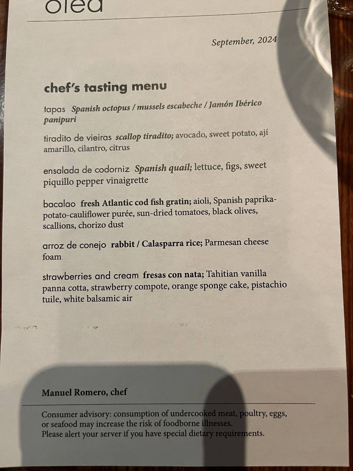 Menu at olea restaurant, New Haven