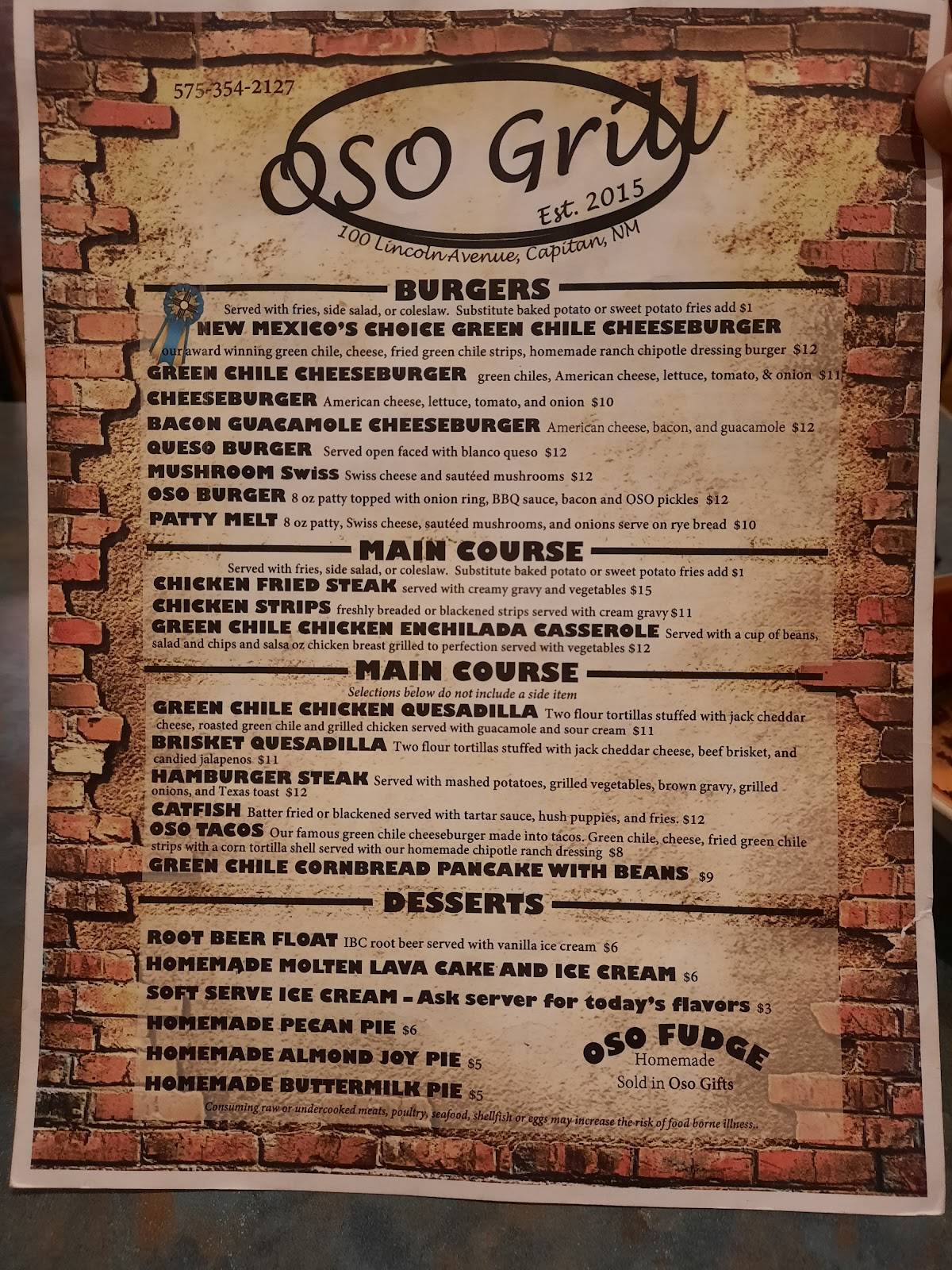 Menu at oso grill pub & bar, Capitan