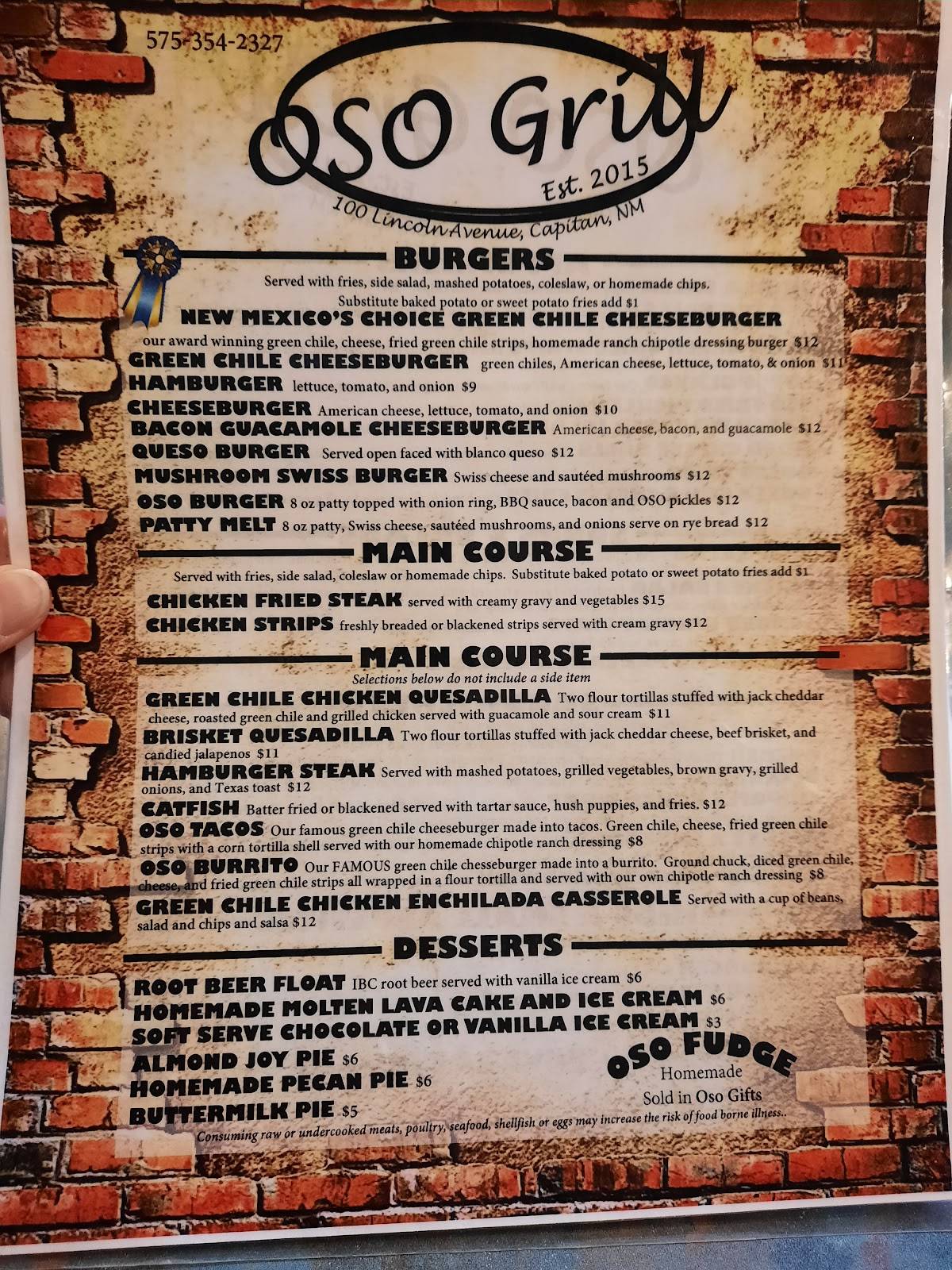 Menu at oso grill pub & bar, Capitan