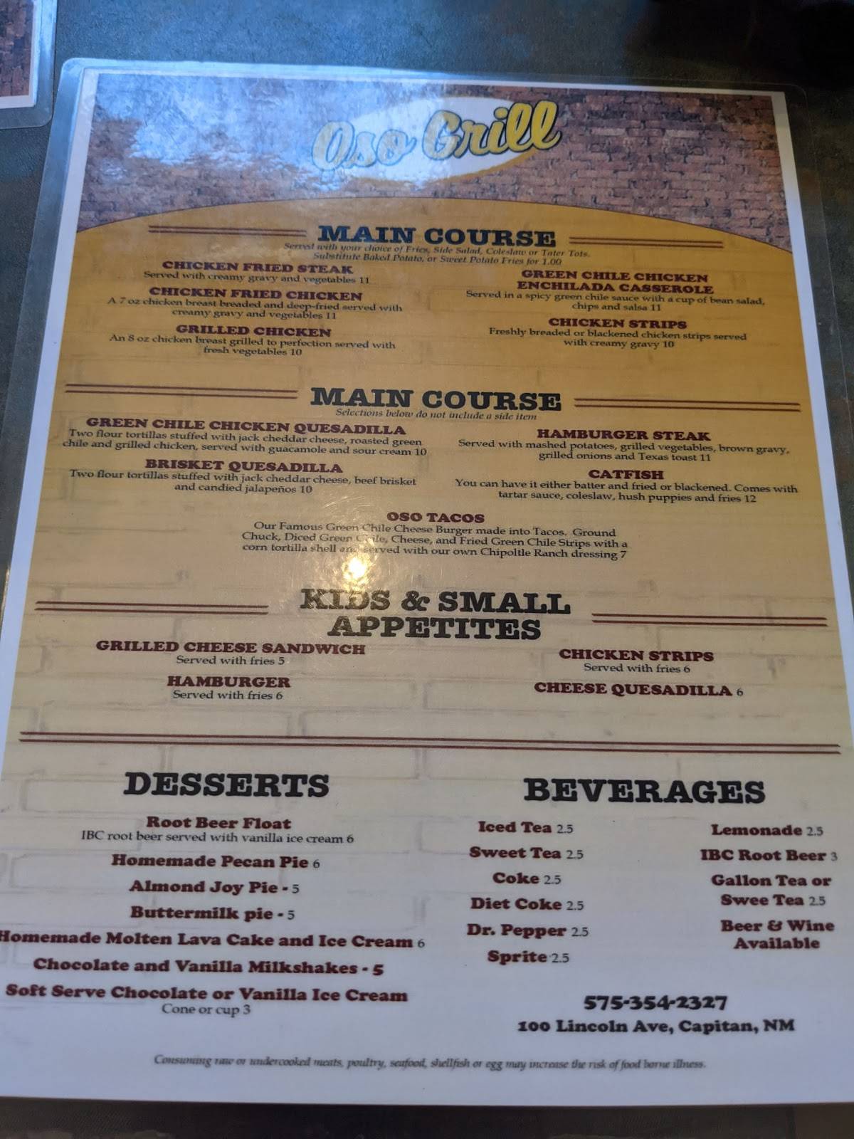 Menu at oso grill pub & bar, Capitan