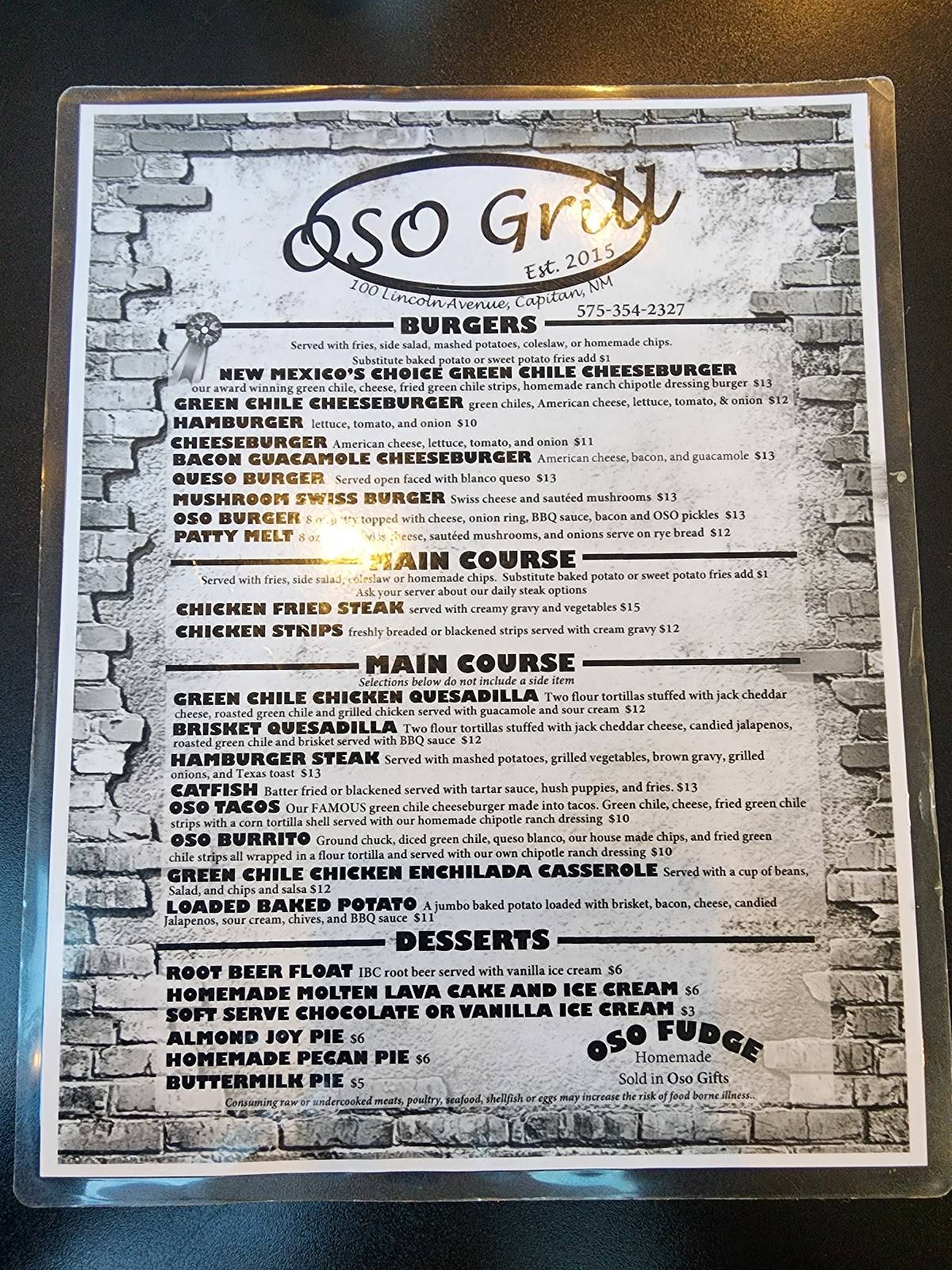 Menu at oso grill pub & bar, Capitan