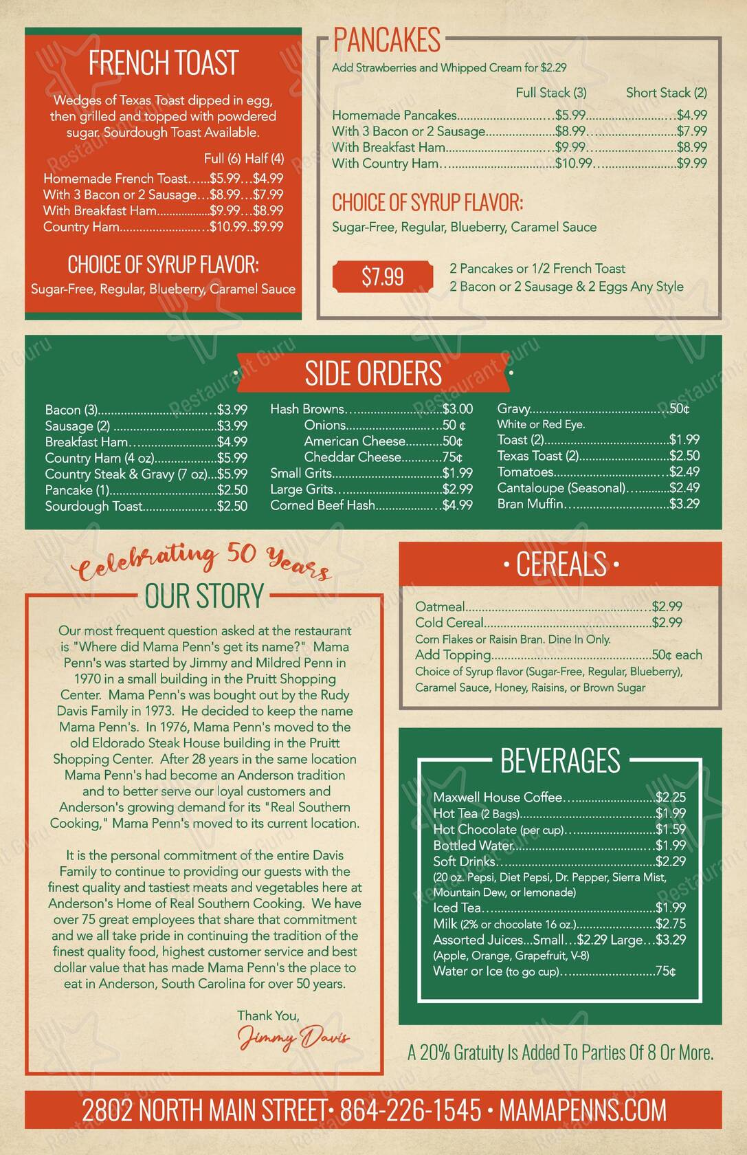 Menu at Mama Penn's Restaurant, Anderson, N Main St
