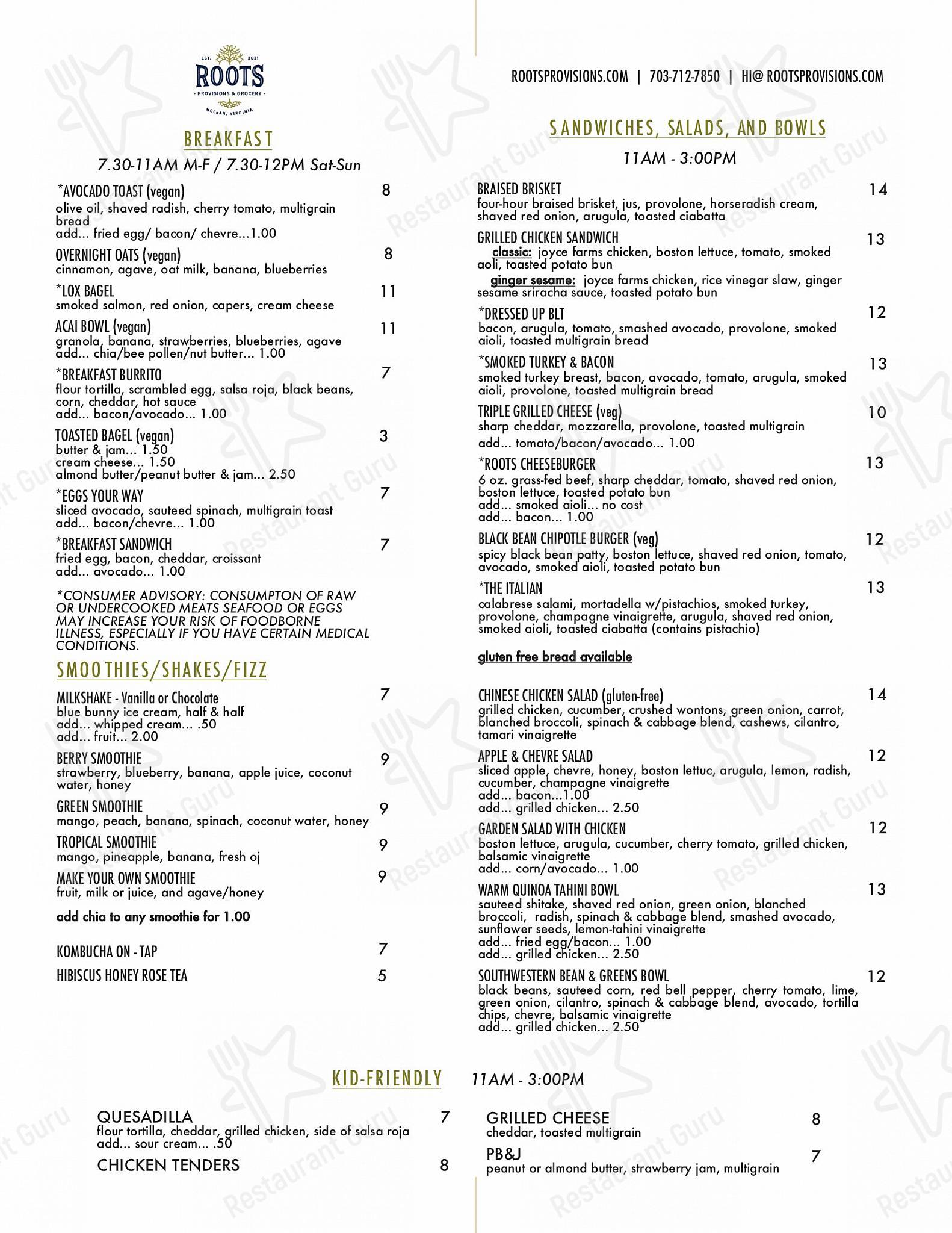 Menu at Roots Kitchen & Bar, McLean