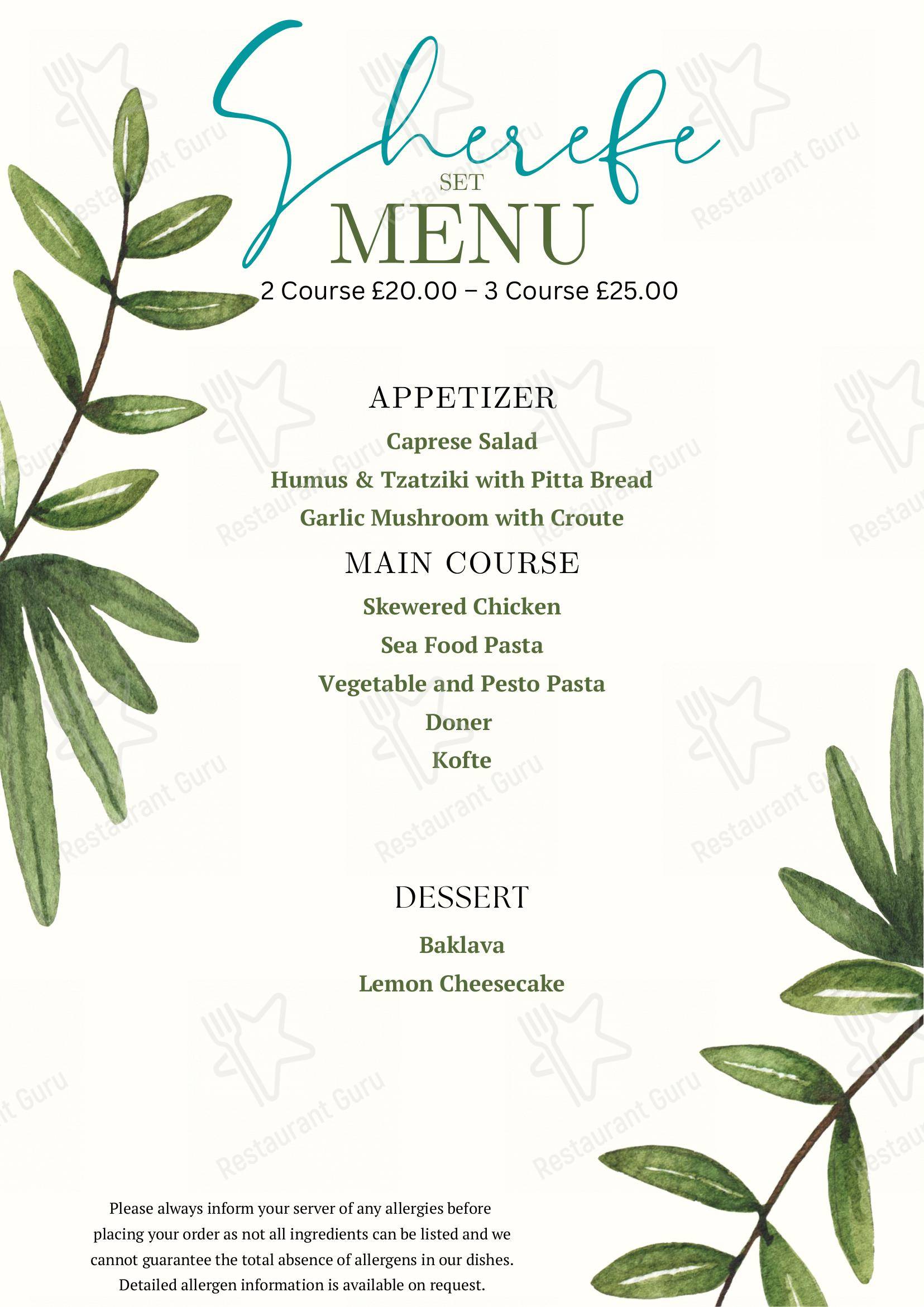 Menu at Sherefe Restaurant, Glossop