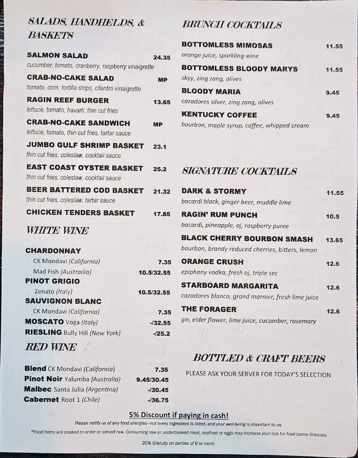 Menu at ragin' reef restaurant, Frederick, 506 E Church St