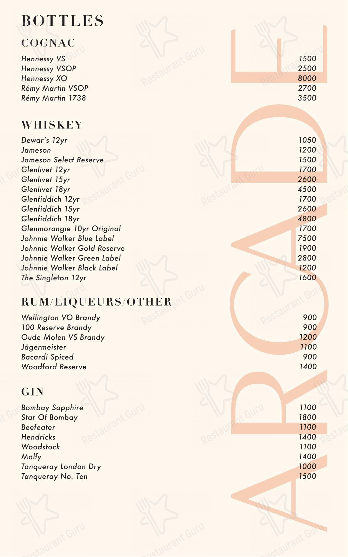 Menu at ARCADE pub & bar, Cape Town